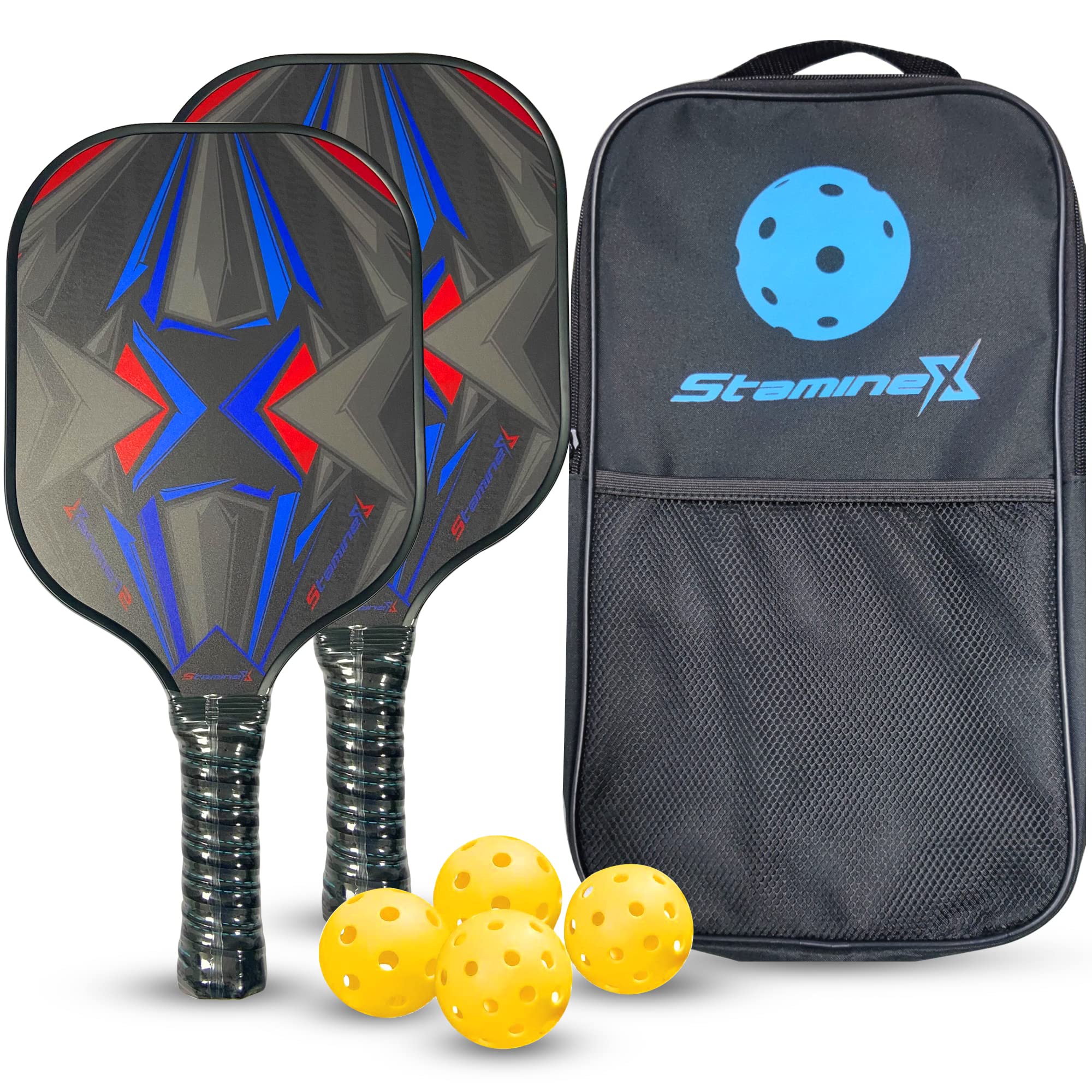Pickleball Set with 4 Pickleball Balls & 2 Carbon Fiber Pickleball Paddles with Cushioned Sweat-Resistant Racket Grips - Complete Set for 2 Players