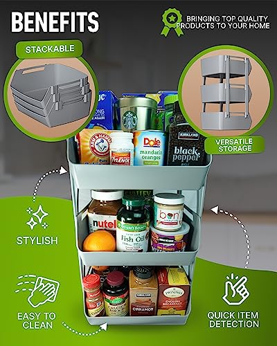Skywin 3-Tier Plastic Stackable Storage Bins 11.4" x 11" x 19.7" with Brackets for Extra Protection - For Pantry Storage, Kitchen Storage, and Bathroom Storage (Grey)