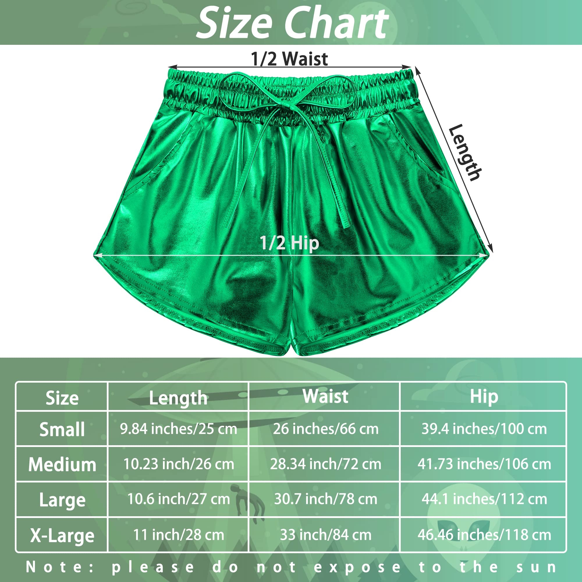 SOMSOC 2 Pack Halloween Women's Metallic Drawstring Shorts Hot Shiny Sparkly Rave Yoga Pants with Alien Headband Glasses