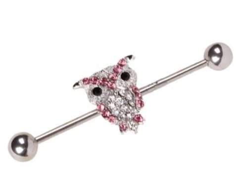 Pierced Republic 14G Industrial Stainless Steel Barbell - Owl w/ Pink Gems - 14 Gauge Cartilage Industrial Ear Piercing Jewelry silver