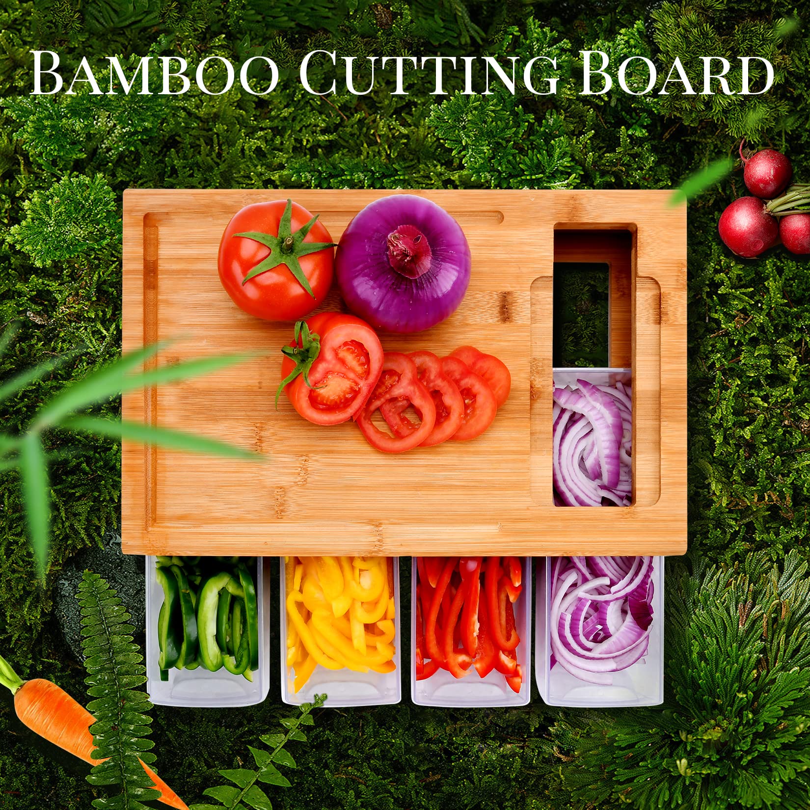 vchin Cutting Board with Containers, Lids, Graters, Large Bamboo Chopping Board with Juice Groove, Kitchen Meal Prep Station - Sturdy, Organized, Easy to Use and Clean