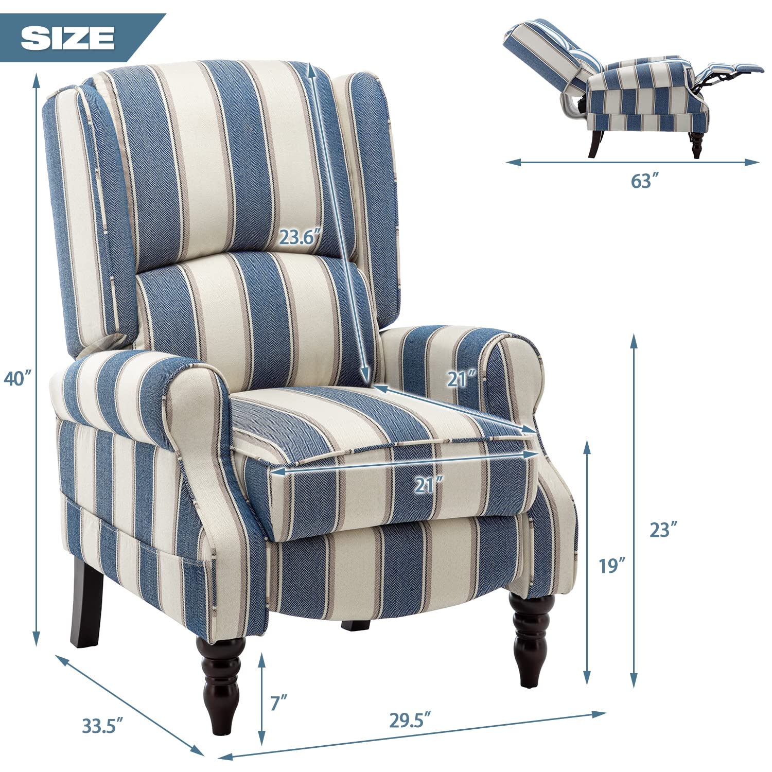MELLCOM Upholstered Wingback Massage Recliner Chair, Traditional Push Back Recliner with Padded Seat, Wired Remote, for Living Room Bedroom, Coastline Style
