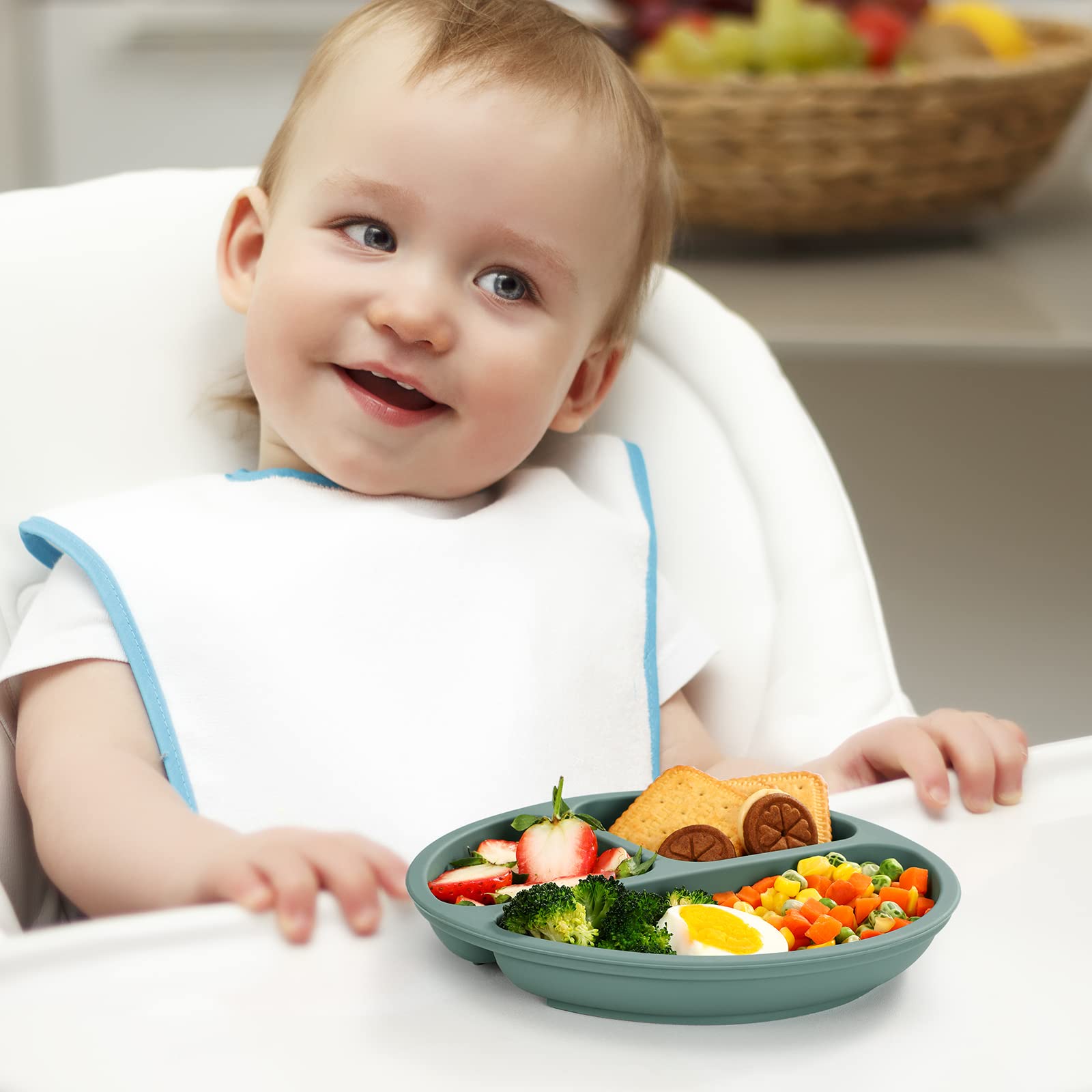 VITEVER Suction Plate with Lid for Toddler, Baby & Kid, 100% Food-Grade Silicone, Divided Design, Microwave & Dishwasher Safe - Cambridge Blue