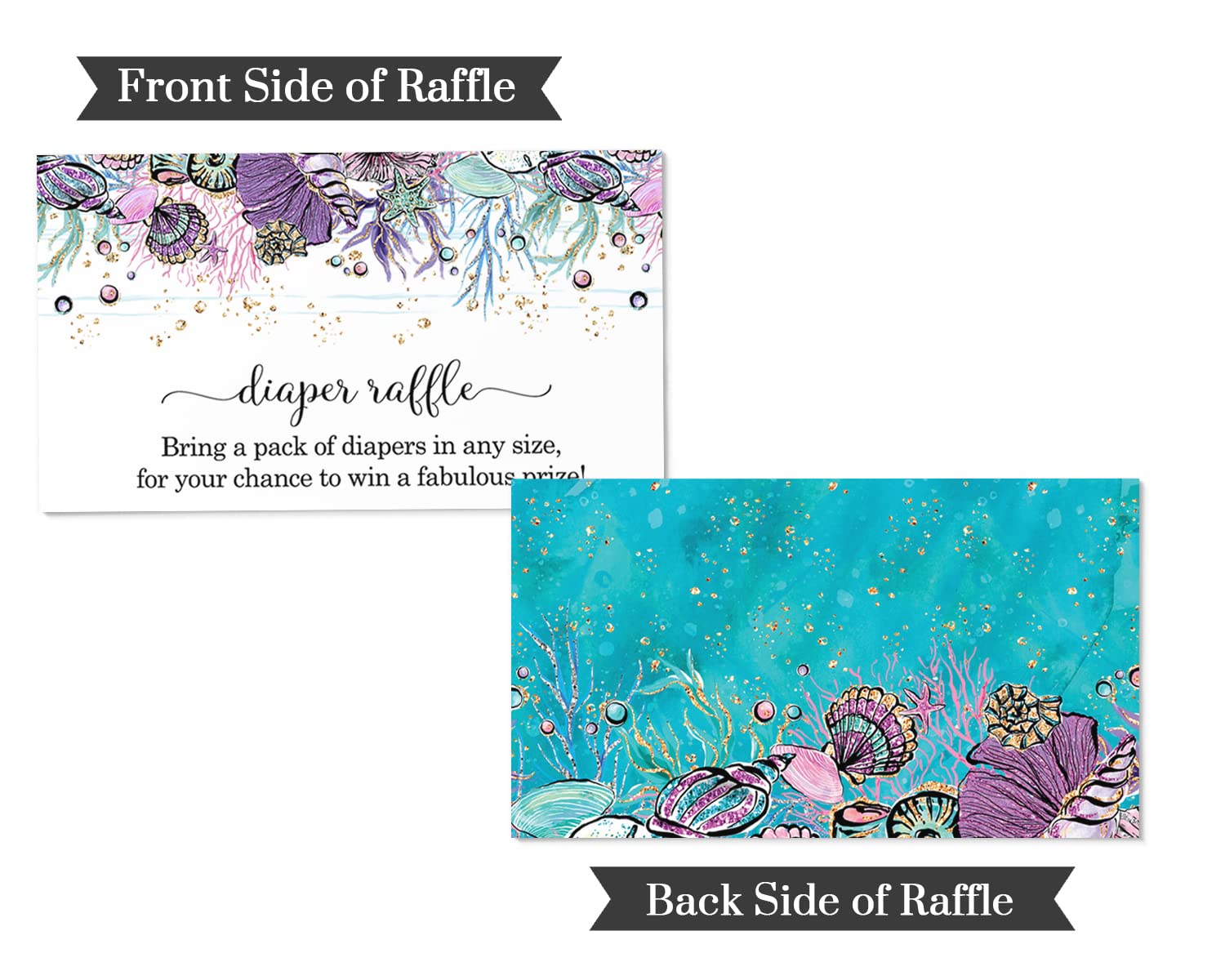Mermaid Diaper Raffle Tickets, Girls Baby Shower Games for Prizes, Baby Shower Diaper Raffle Invitation Insert Cards, 25 Pack