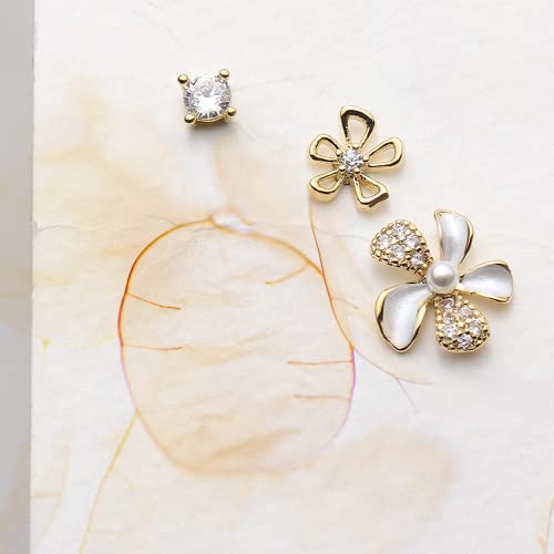Sonateomber Tiny Cubic Zirconia Flower Stud Earring Set for Women, 3 Pairs Small Cute Rhinestone Gold plated 925 Sterling Silver Multiple Piercing Post Hypoallergenic Wallflower Floral studs Jewelry Gift