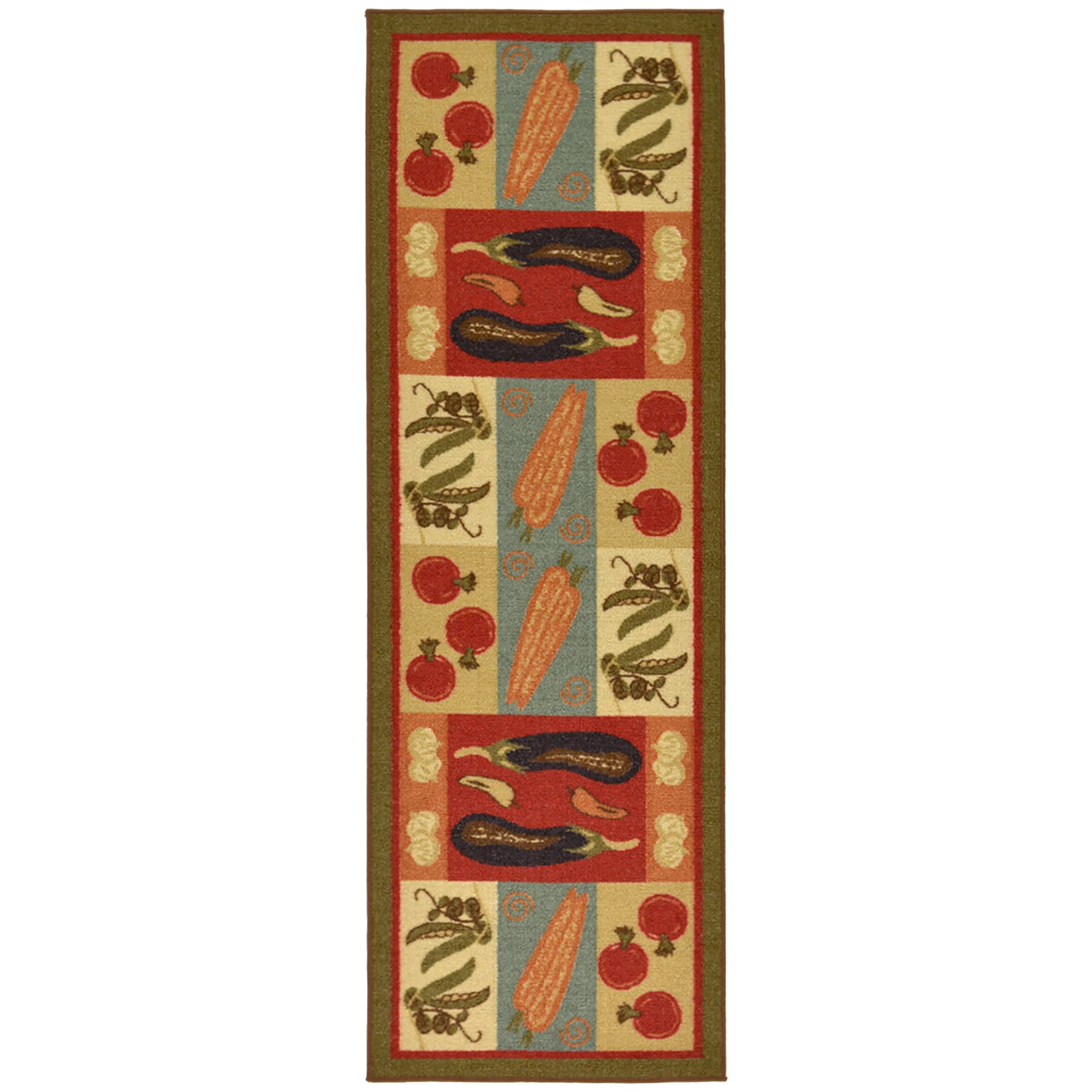 Machine Washable Vegetables Design Non-Slip Rubberback 2x5 Indoor Kitchen Runner Rug for Hallway, Kitchen, Living Room, Bedroom, Entryway, 20" x 59", Olive Green