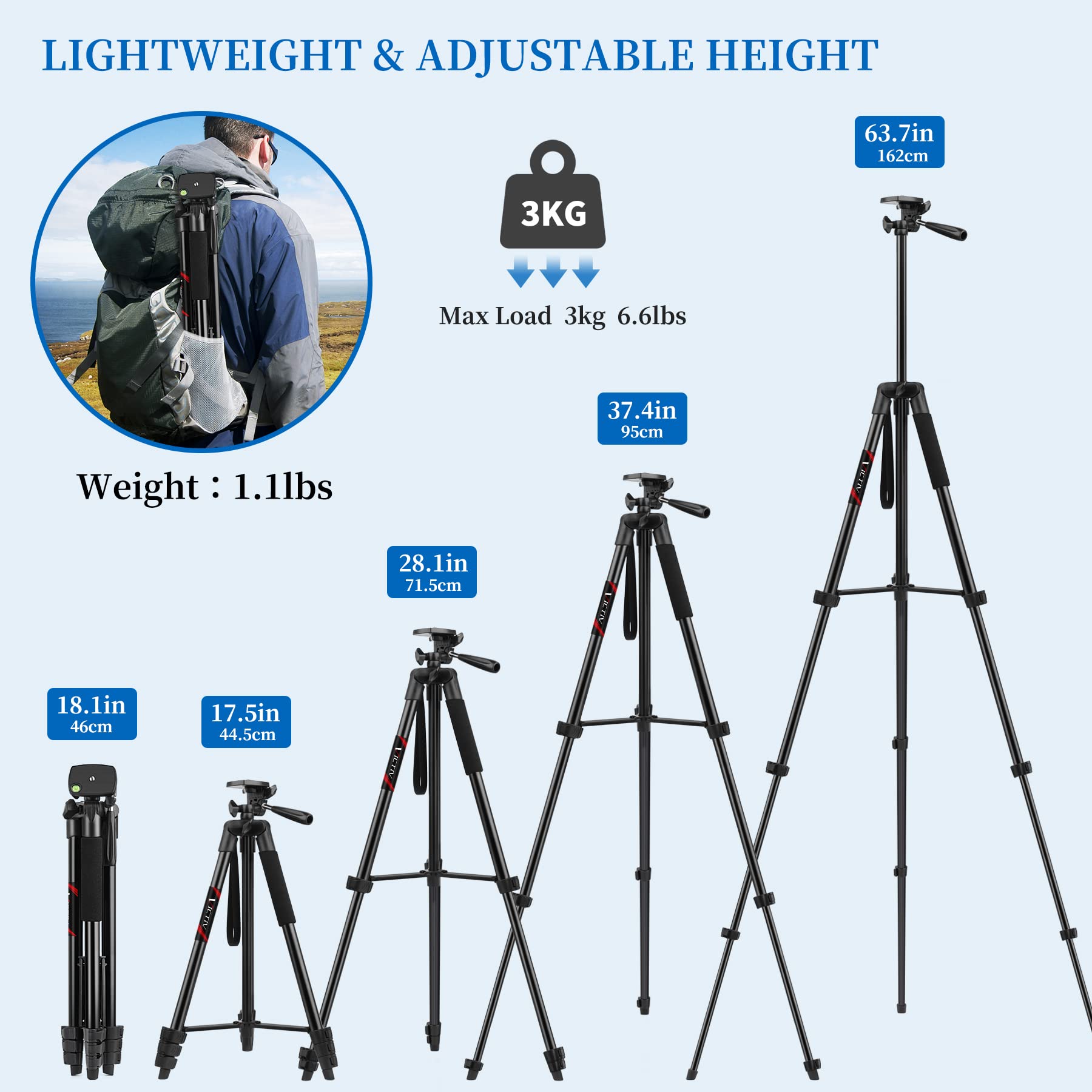 Tripod for Camera, 63 inch Tall Camera tripod stand, Lightweight Cell Phone Tripod Stand with Remote, Compatible with iPhone/Android/Camera, Perfect for Video Recording/Selfies/Live Stream/Vlogging