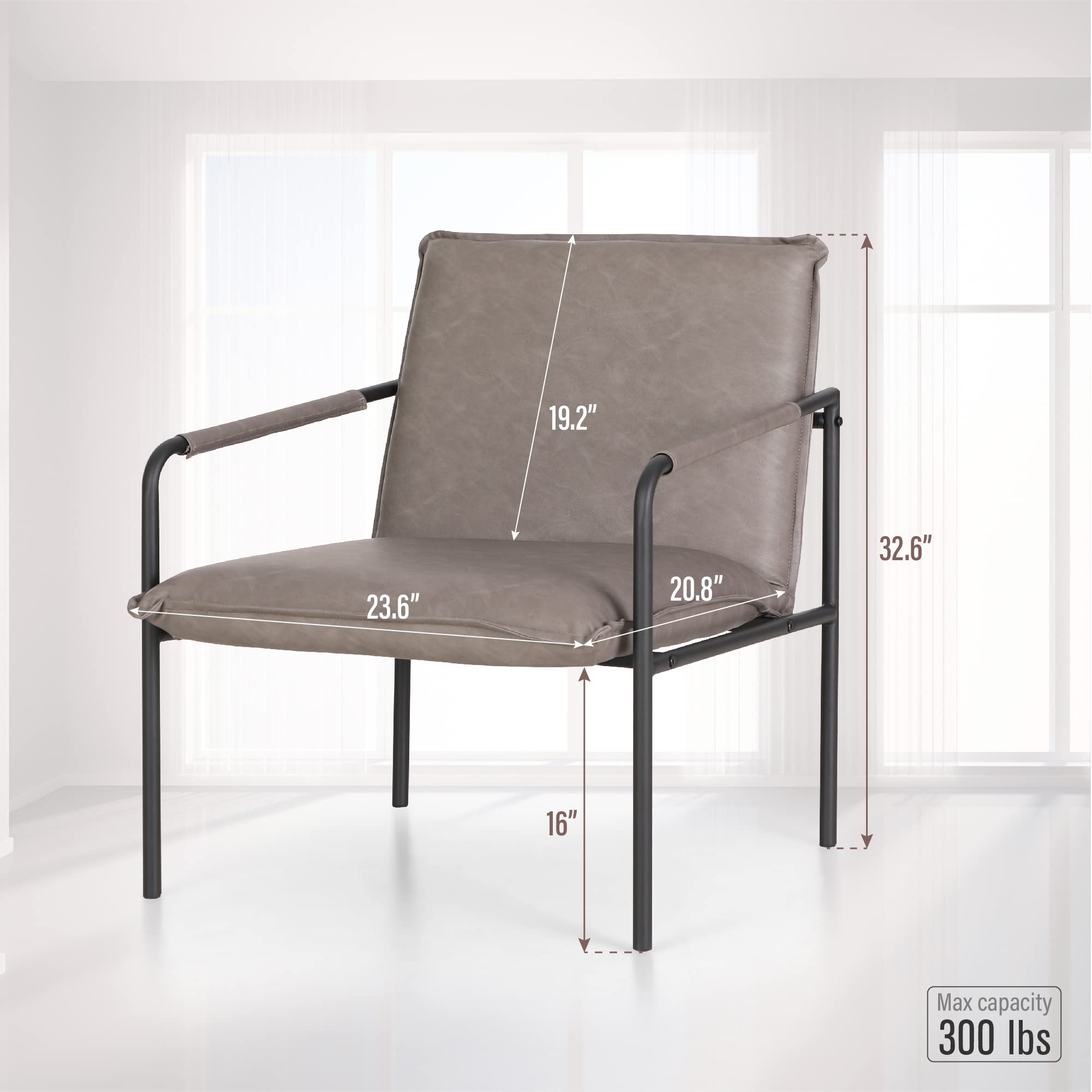MAISON ARTS Steel Frame Leather Accent Chair Mid Century Modern Lounge Arm Chair Soft Upholstered for Home Office Study Living Room, 350LBS Bear Capacity, Grey