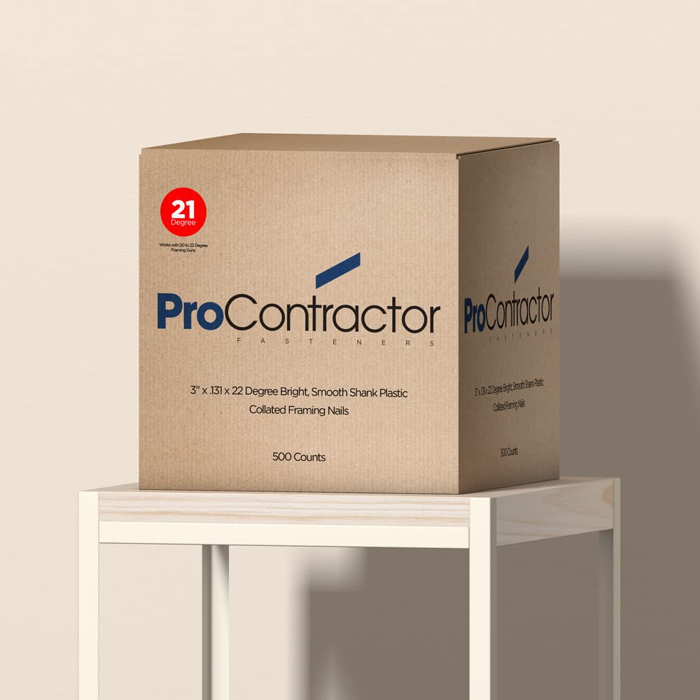 Pro Contractor Fasteners 21 Degree, 3 Inch x .131 Inch Bright, Smooth Shank Plastic Collated Framing Nails, For 20 to 22 Degree Plastic Collation Framing (500 Per Box)