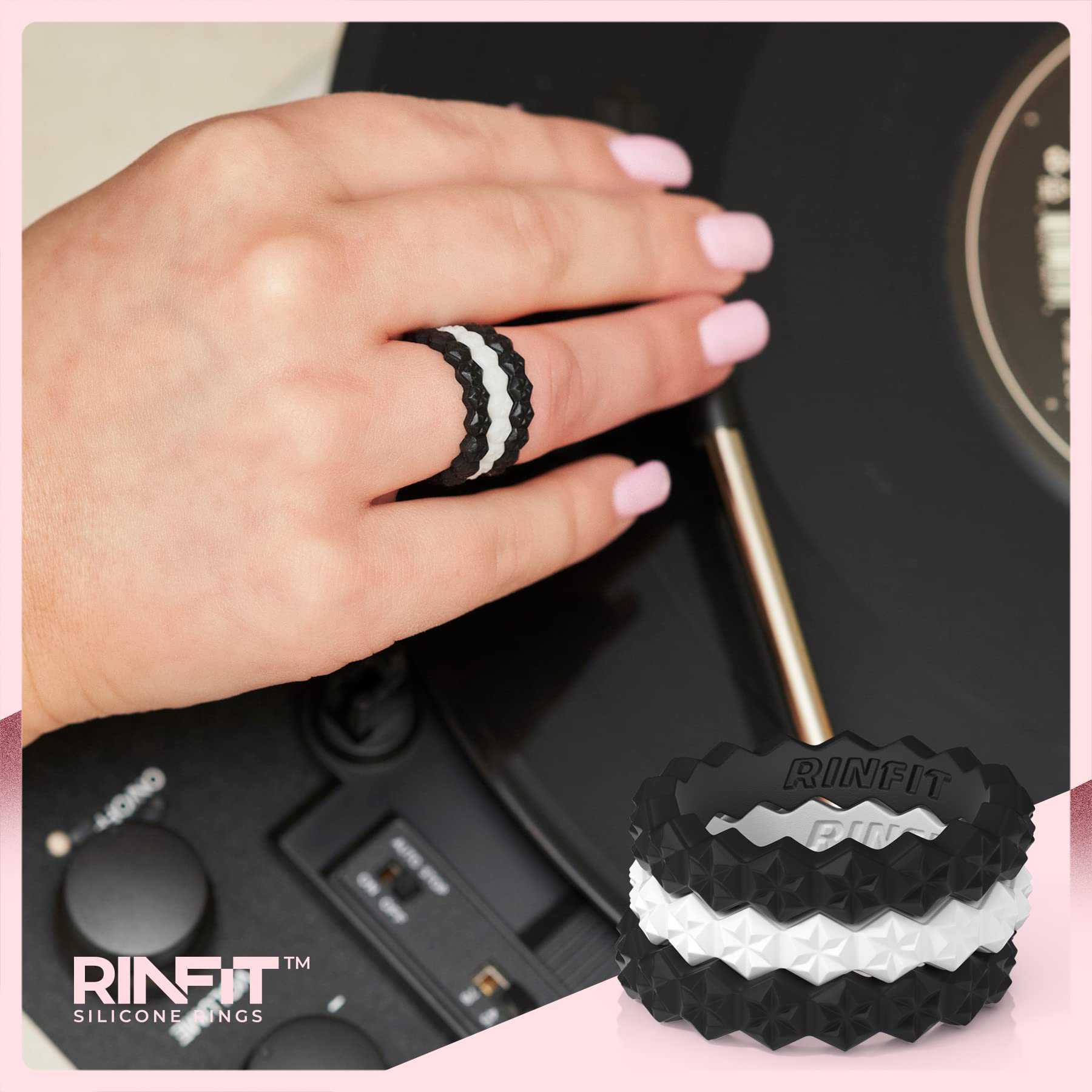Rinfit Silicone Rings for Women - Women's Thin and Stackable Wedding Bands - Rubber engagement rings - Stars collection - 3 Black, Size 5