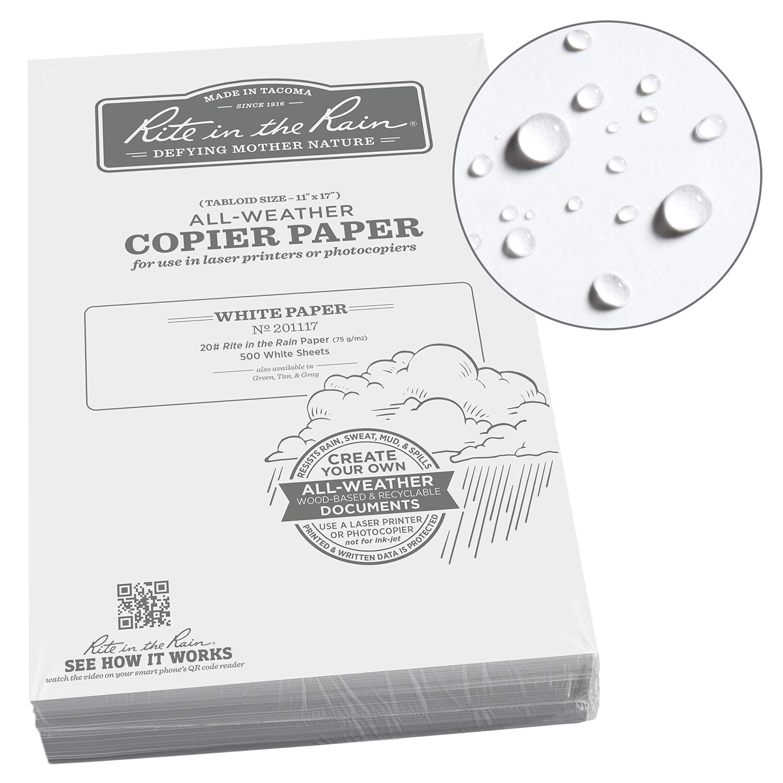 Rite In The Rain Weatherproof Laser Printer Paper, Tabloid Paper Size 11" x 17", 20# White, 500 Sheet Pack (No. 201117)