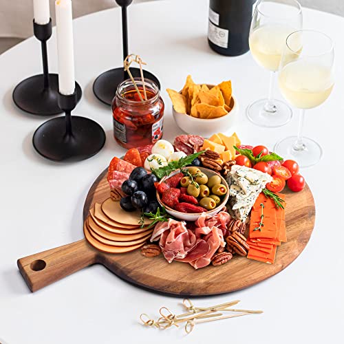 Vees Goods Acacia Wood Cutting Board with Handle - Kitchen Round Cutting Board Set includes Glove and Towel - Great Use for Pizza, Charcuterie, Chopping Board - Size (15.9β x 12.2β)