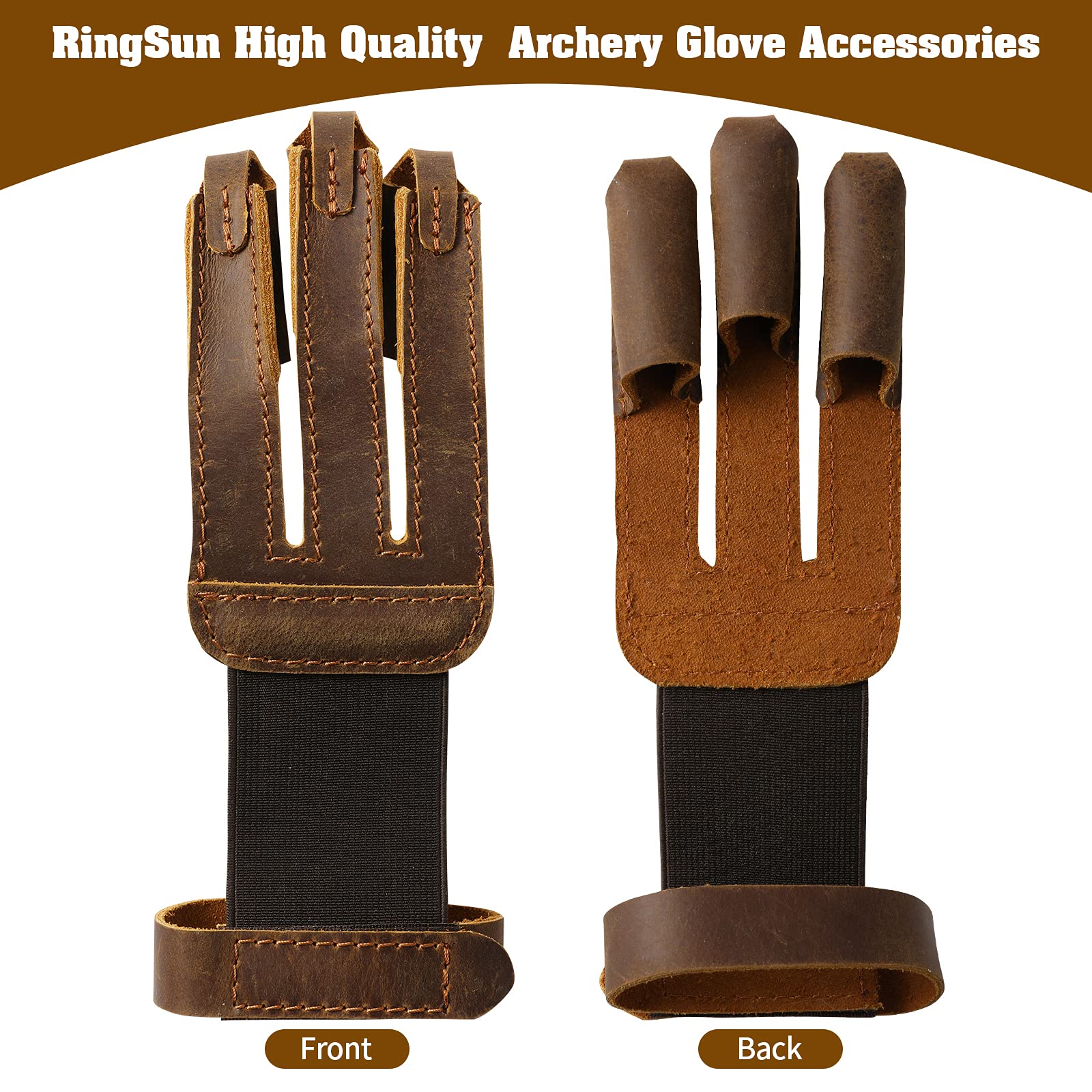 RingSun Archery Glove Three Finger Genuine Leather Protective Glove for Youth & Adult, Archery Protective Gear Accessories Archery Shooting Glove RS71, Brown