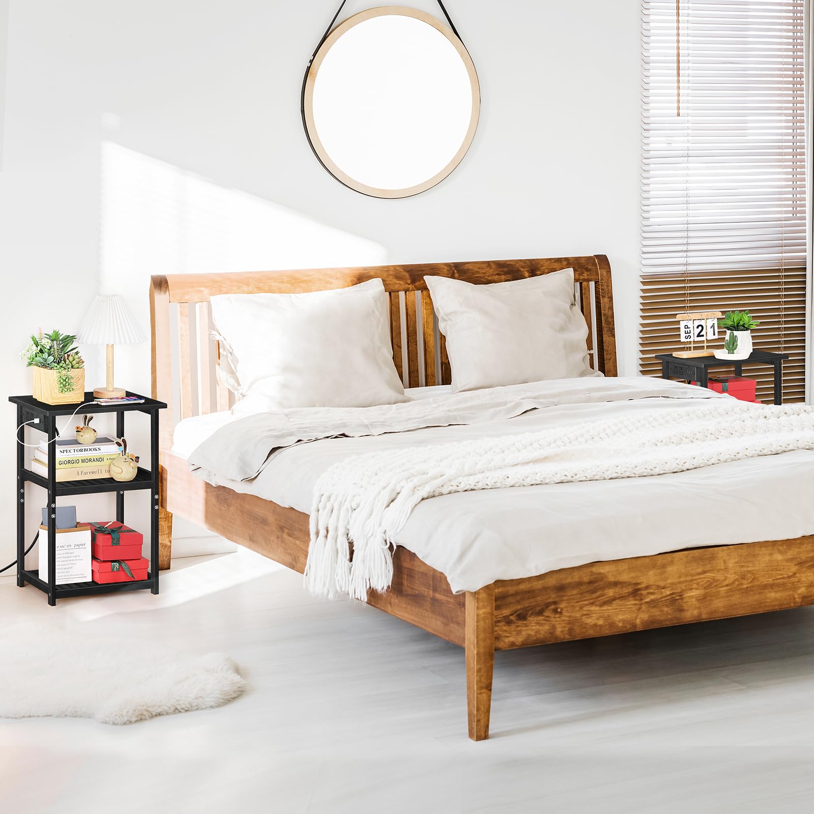 melos End Table with Charging Station, 3 Tier Bamboo Nightstands Set of 2, Bedside Table with USB Ports and Outlets, End Table Side Table for Bedroom, Living Room, Nursery, Rustic Farmhouse White