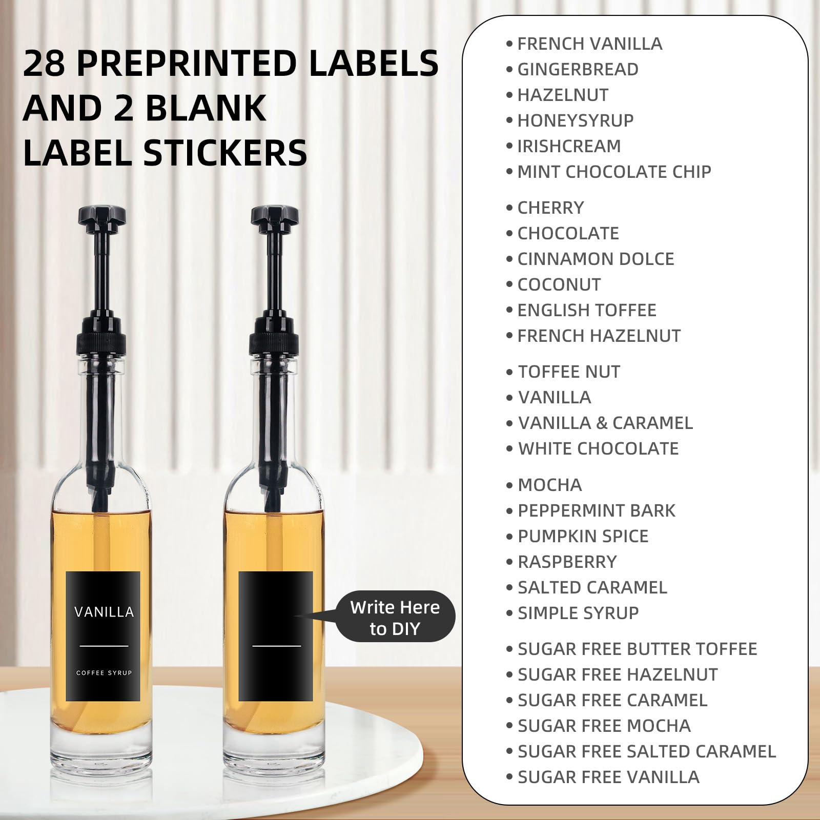 MSTCMZP Coffee Syrup Dispenser for Coffee Bar Accessories Coffee Pump Dispenser, Glass Syrup Bottle with Pump and Labels, 350 ml, Set of 4 Black