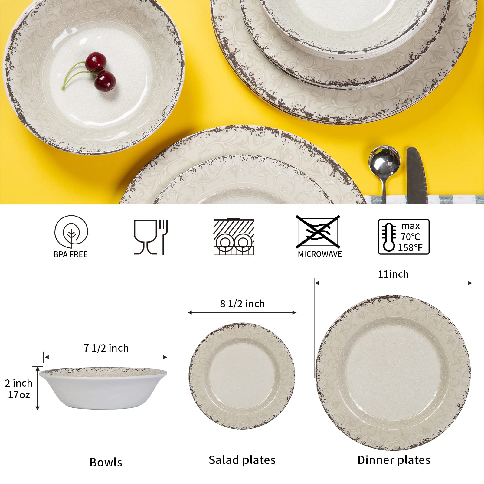 Melamine Dinnerware Sets for 4-12pcs Dinnerware Dishes Set,Plate and Bowl Set, Indoor and Outdoor Use, Dishwasher safe, Unbreakable, Light Grey