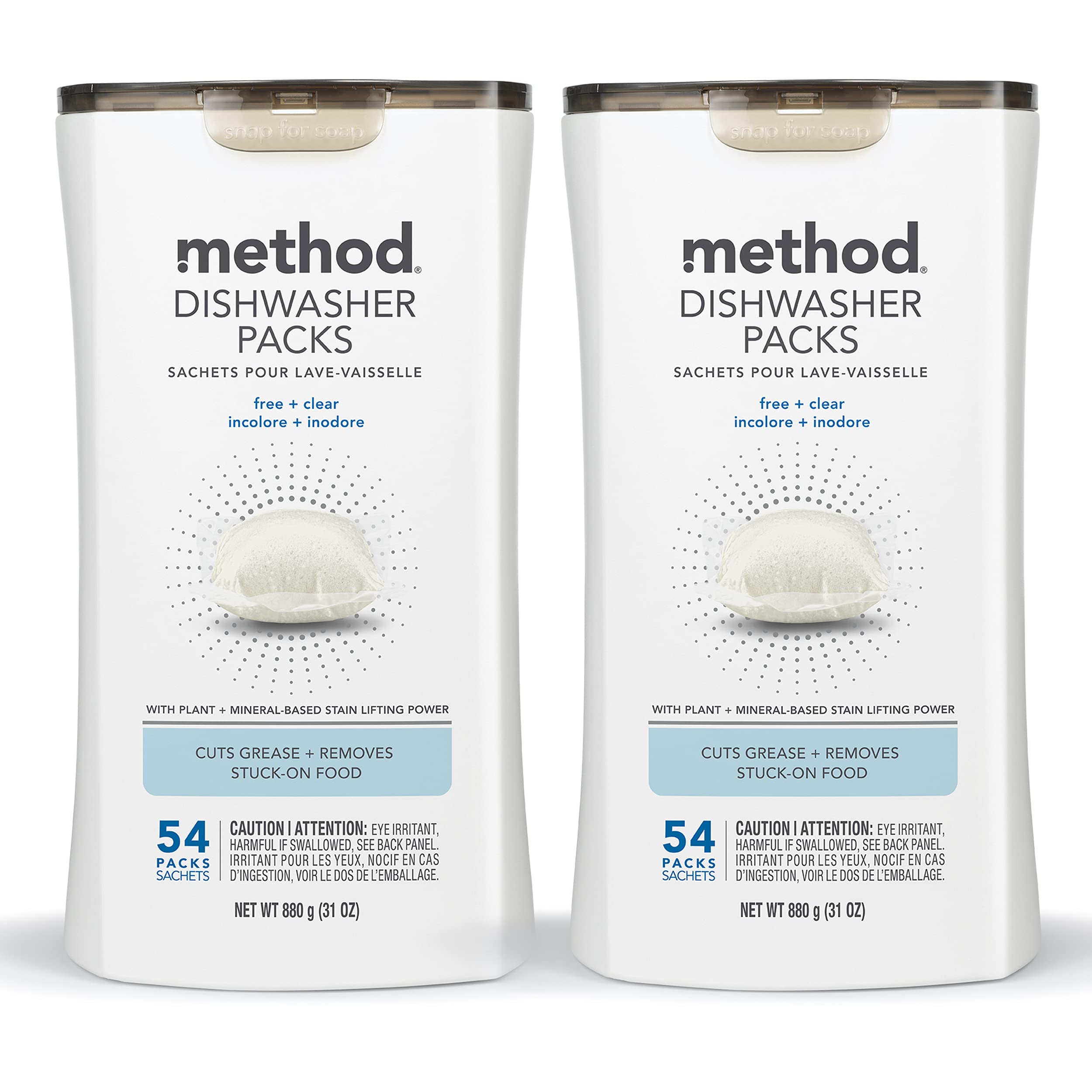 Method Dishwasher Detergent Packs, Fragrance Free + Clear, Dishwashing Rinse Aid to Lift Tough Grease and Stains, 54 Dishwasher Tabs per Package, (Pack of 2)