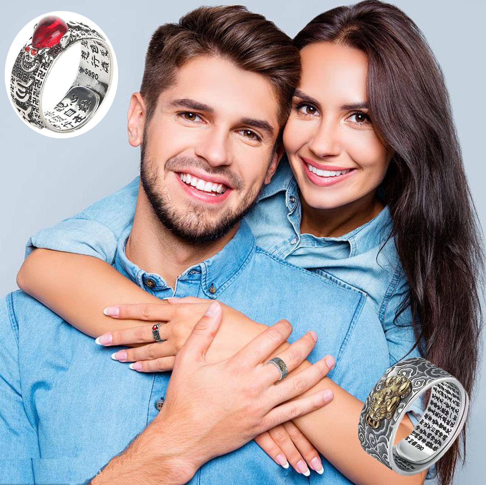 SONNYX 8 Pieces Feng Shui Pixiu Ring Buddhist Lucky Amulet Mantra Double Protection Wealth Ring For Men Women Adjustable Garnet Ring Gift Jewelry