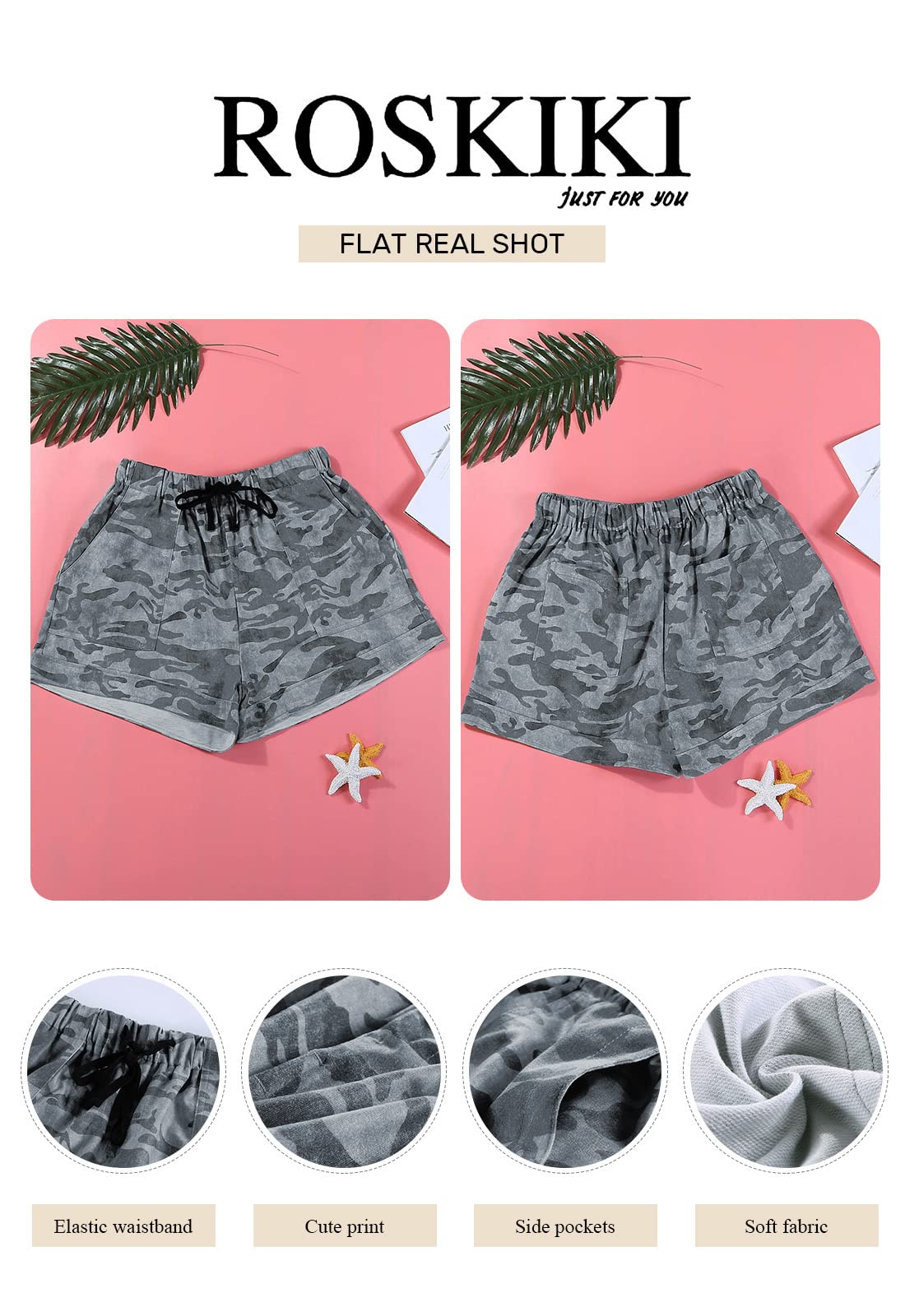ROSKIKI Flower Print Drawstirng Elastic Waist Shorts for Women Lightweight Active Short Pants Green X-Large