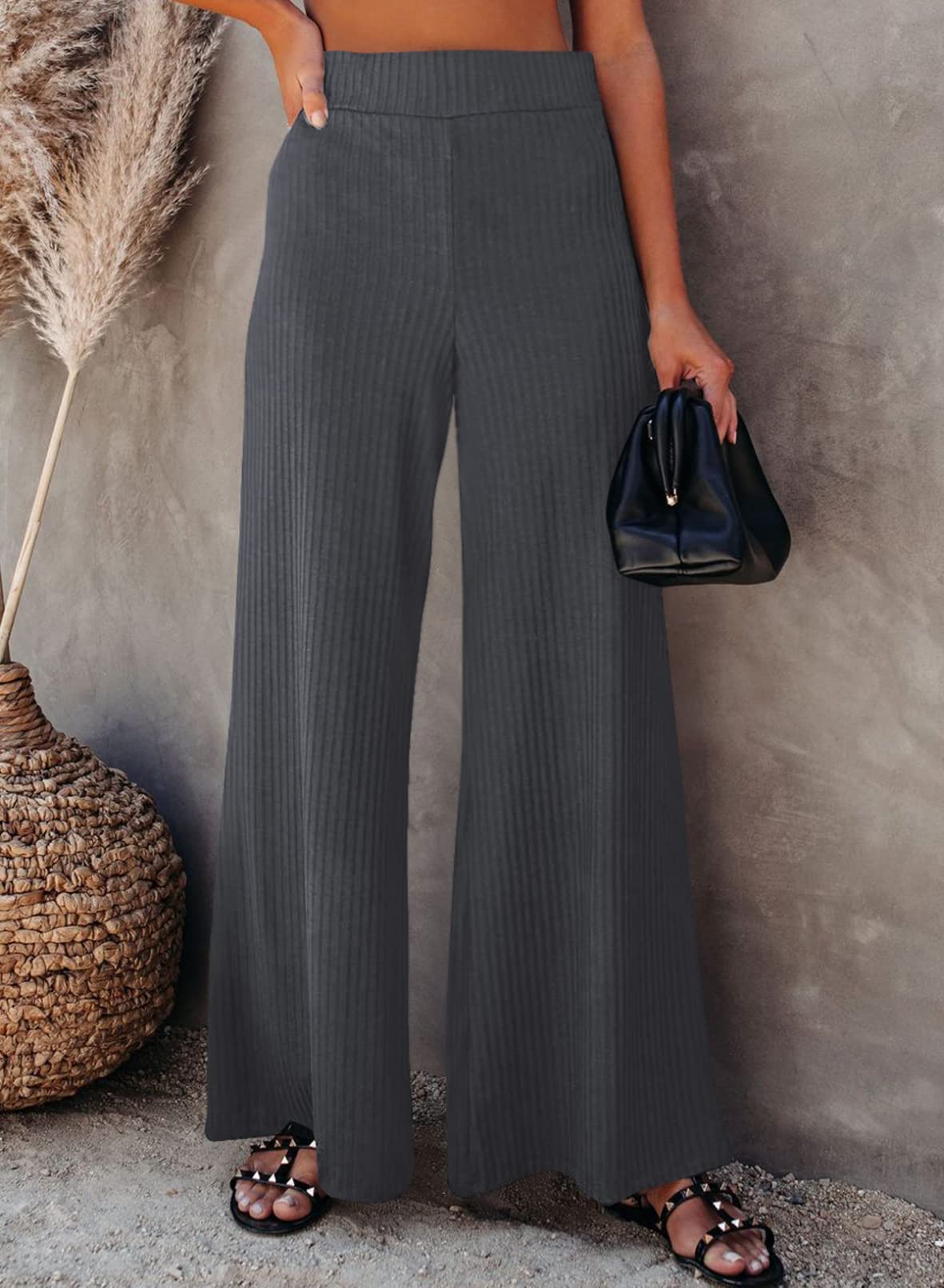 ROSKIKI Women's Casual Summer Relaxed Fit Ribbed Knit Elastic Waist Sweatpants Comfy Solid Color Yoga Wide Leg Pants Gray Small