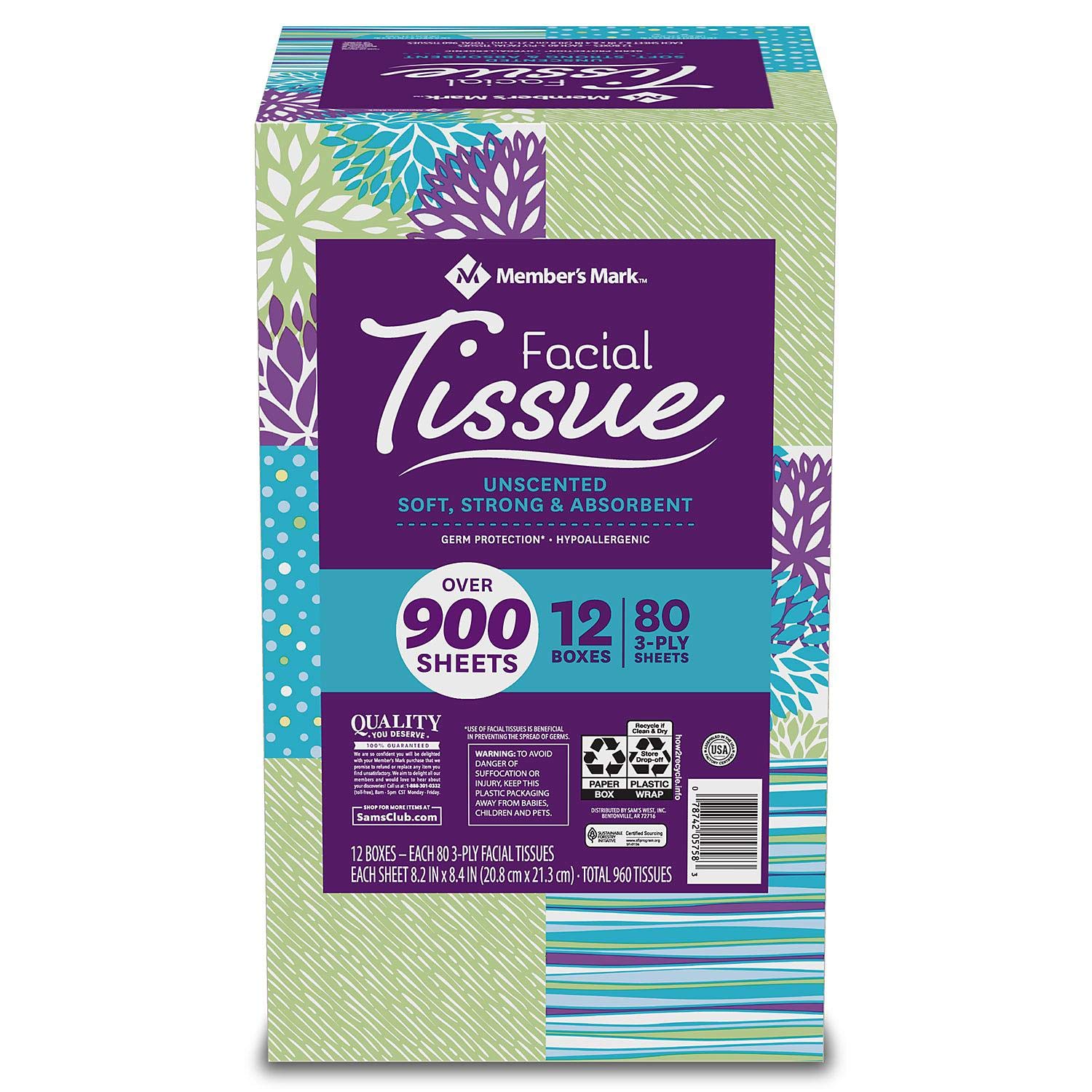 Member's Mark Expect More 3-Ply Soft and Strong Facial Tissue, 12 pk, 960 tissues (80 ct. per Box)