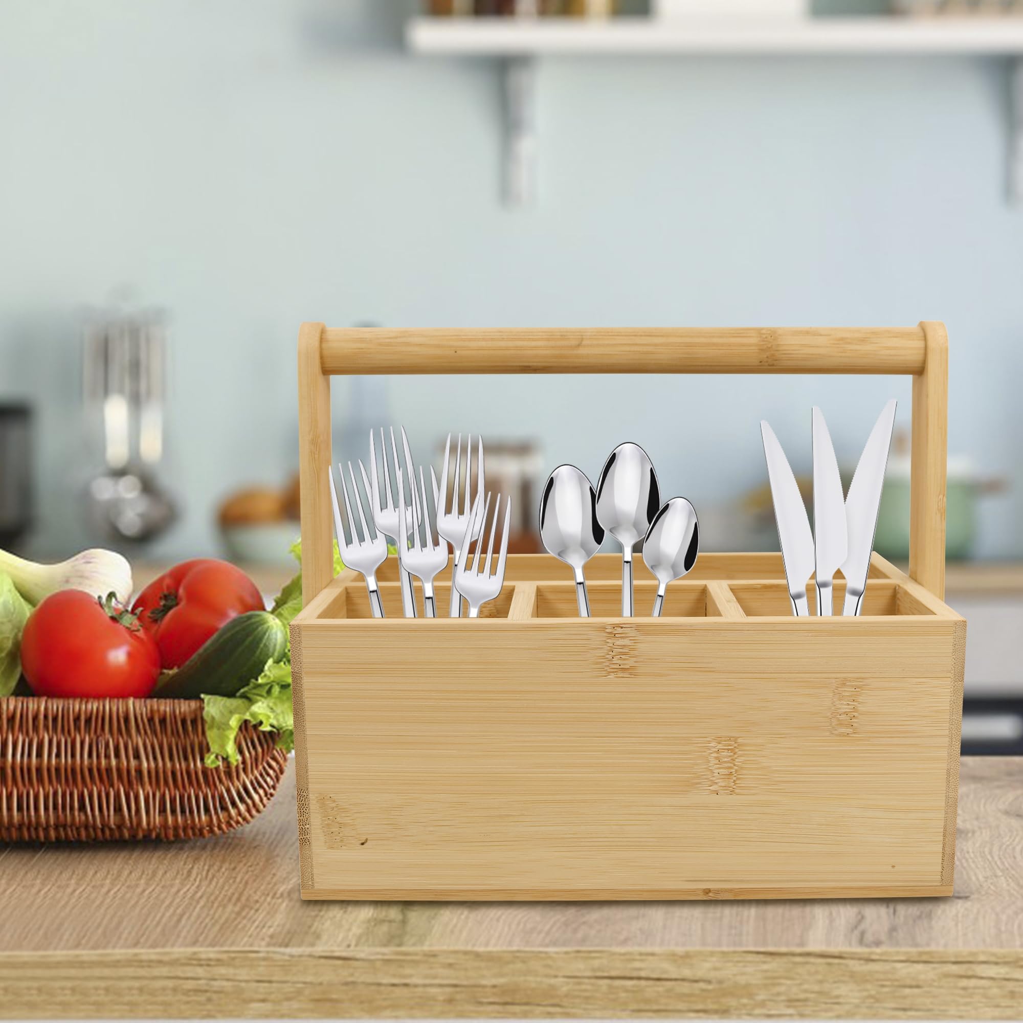 MITUKIYOUNG Utensils Holder, Caddy Cutlery Holder Silverware, Utensils Organizer, Bamboo Utensil Holder And Organizer with Handle, Utensil Holder for Party, Basket Holder for Kitchen Table, Cabinet