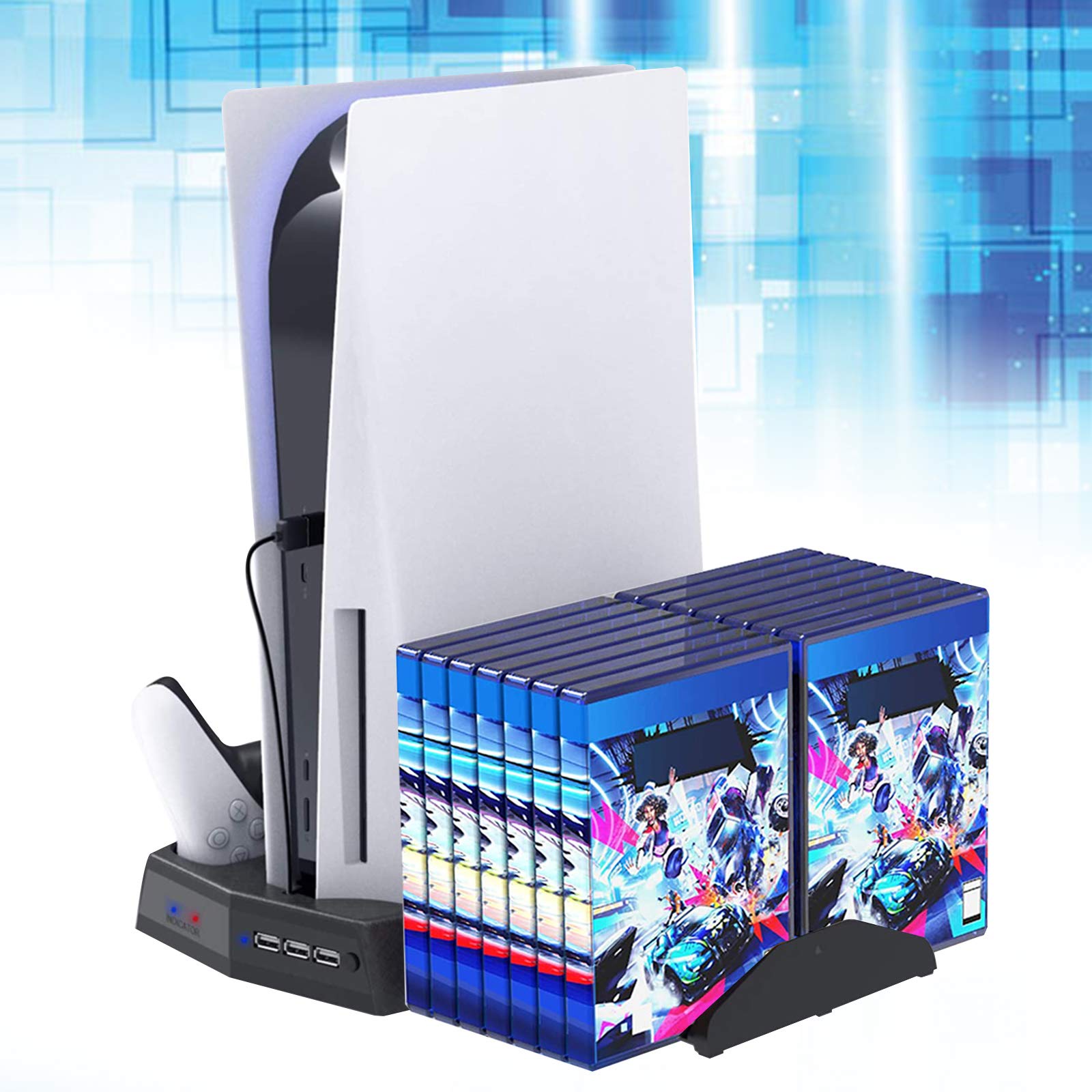 PS5 Stand with Cooling Fan, PS5 Cooling Station for Playstand 5 Console Digital Edition/Ultra HD,Dual Controller Charger PS5 Vertical Charging Stand with LED Indicators and 14 Game Card Slot Organizer