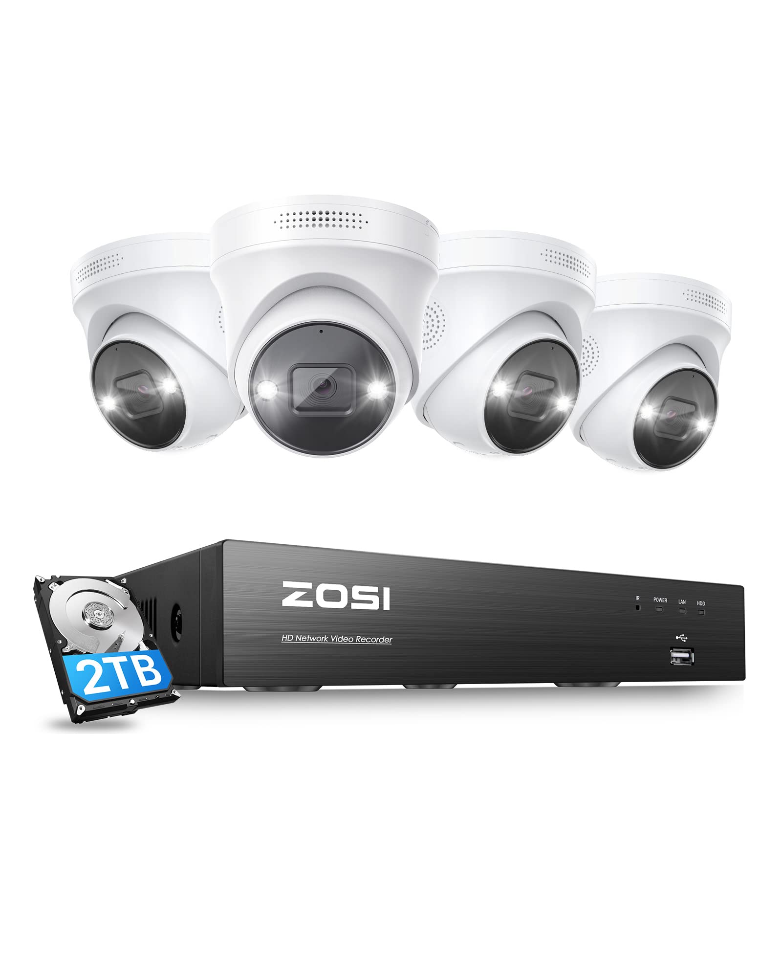 ZOSI 4K Spotlight PoE Security Camera System with Person Vehicle Detection,2 Way Audio,Color Night Vision,8 Port 16CH 8MP NVR with 2TB HDD,4pcs 5MP Outdoor PoE IP Cameras for Home 24/7 Recording