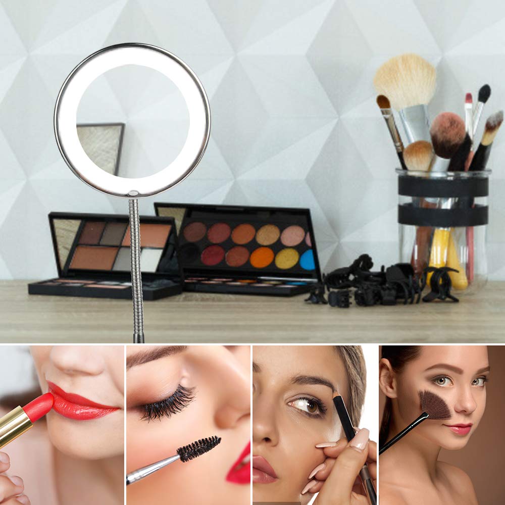 Magnifying Makeup Mirror Flexible Gooseneck LED Lighted with with Strong Suction Cup, Bright Diffused Light and 360 Degree Rotation Portable Cordless for Travel and Home Round Shape Makeup Mirror