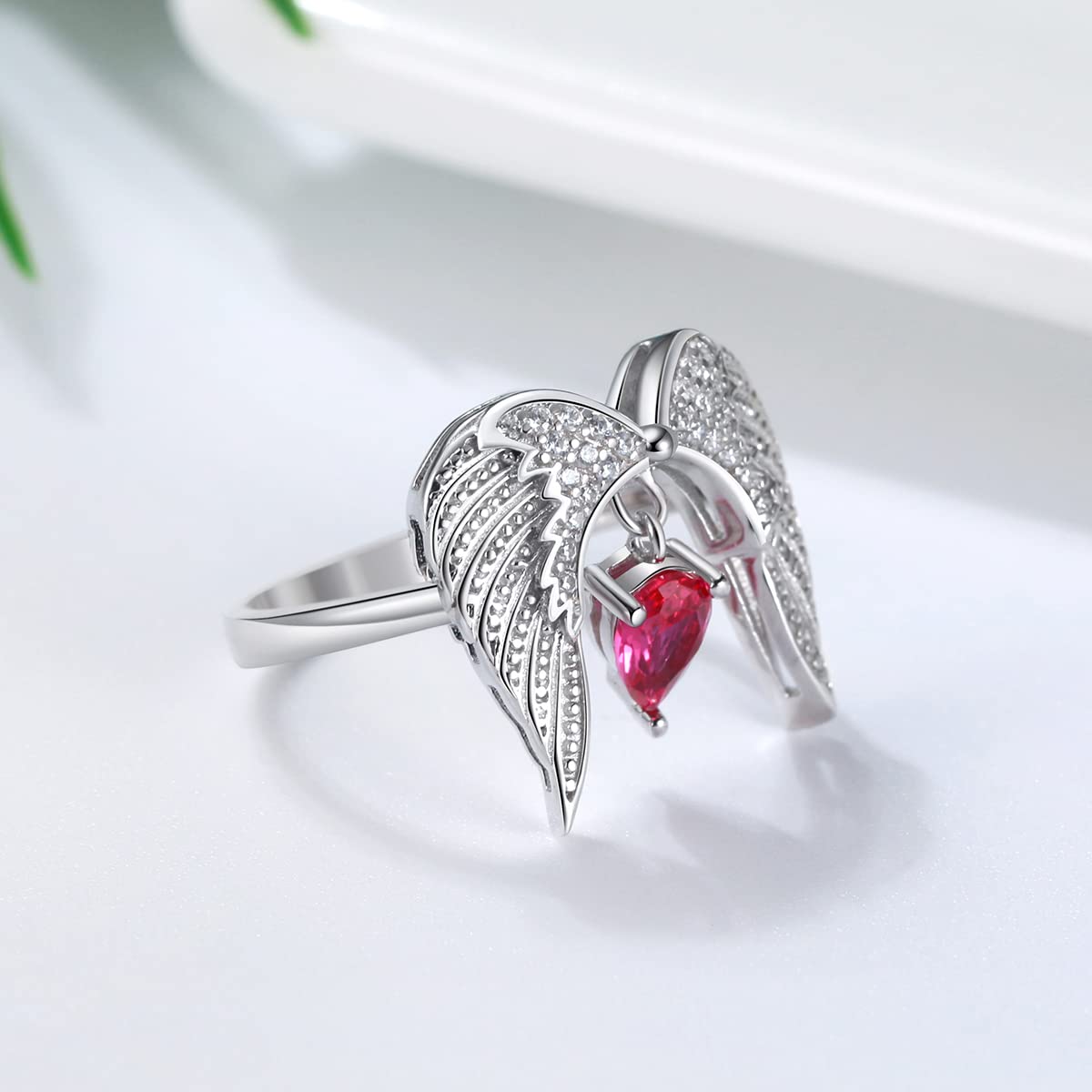 Nuozhuo S925 Sterling Silver Rings,Angel Wing Ring, Feather Ring(6)