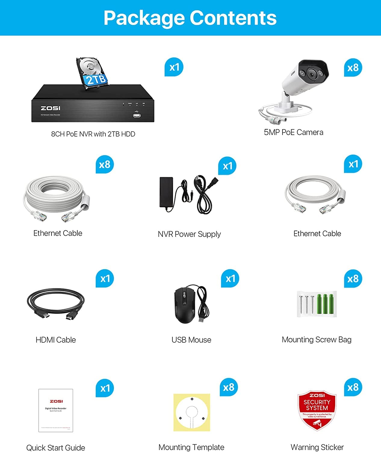 ZOSI 8CH 4K Spotlight Home PoE Security Camera System,8CH 8MP NVR with 2TB HDD,8 x 5MP Outdoor PoE IP Cameras,Person Vehicle Detection,2-Way Audio,Night Vision,Sound&Light Siren,for 24-7 Recording