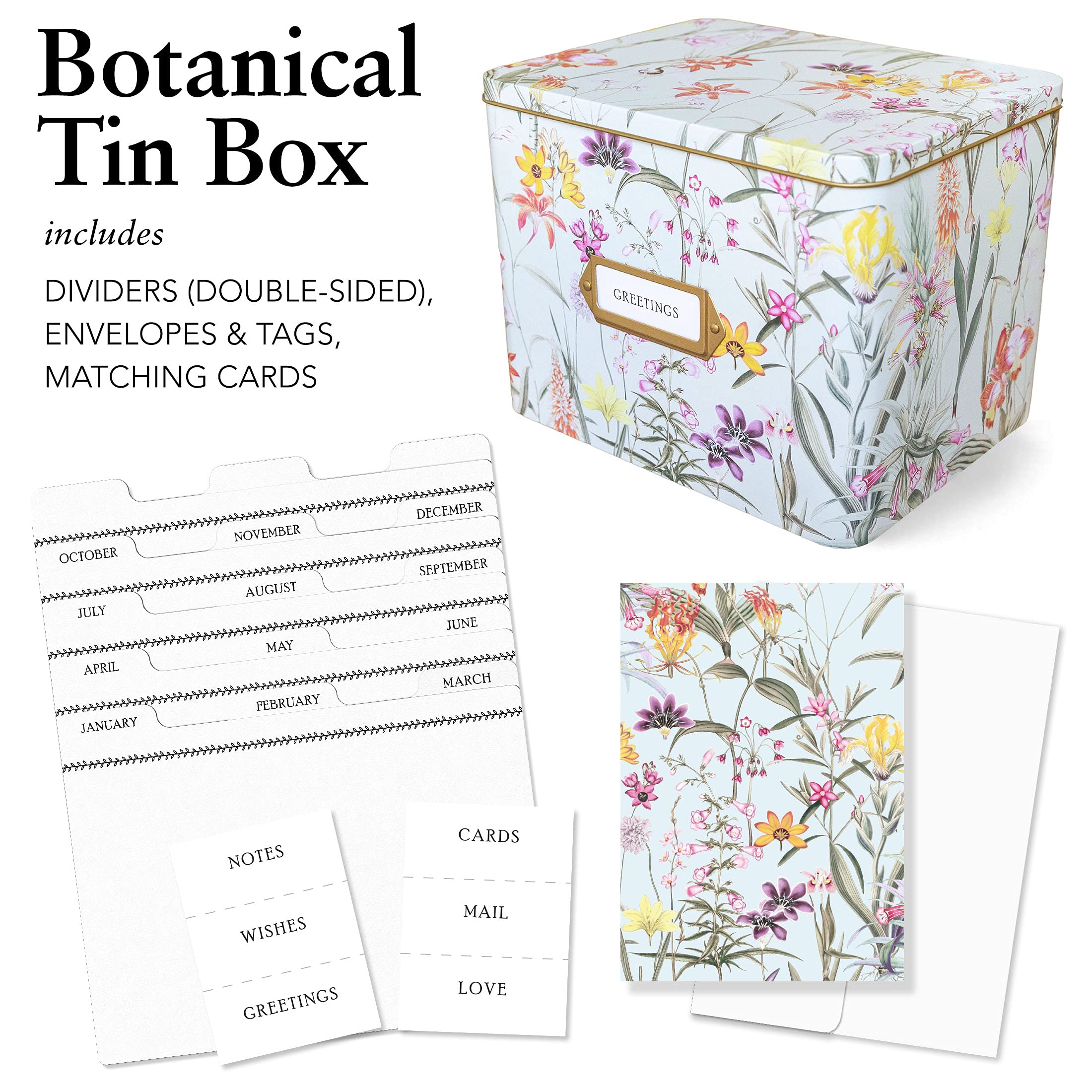 Vinca Blue Greeting Card Organizer and Storage Box with Dividers, Cards, and Envelopes | Greeting Card Keeper, Notecard Box, Birthday Card Organizer (Floral)