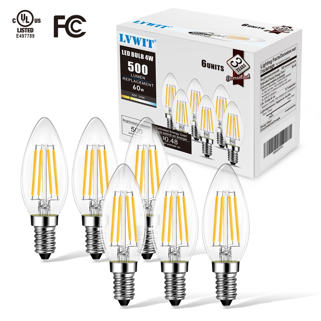 LVWIT B11 Filament Bulb E26 Base Non-Dimmable 6W(60W Equivalent) 2700K Warm White Chandelier Decorative Candle Light Bulb 6 Pack