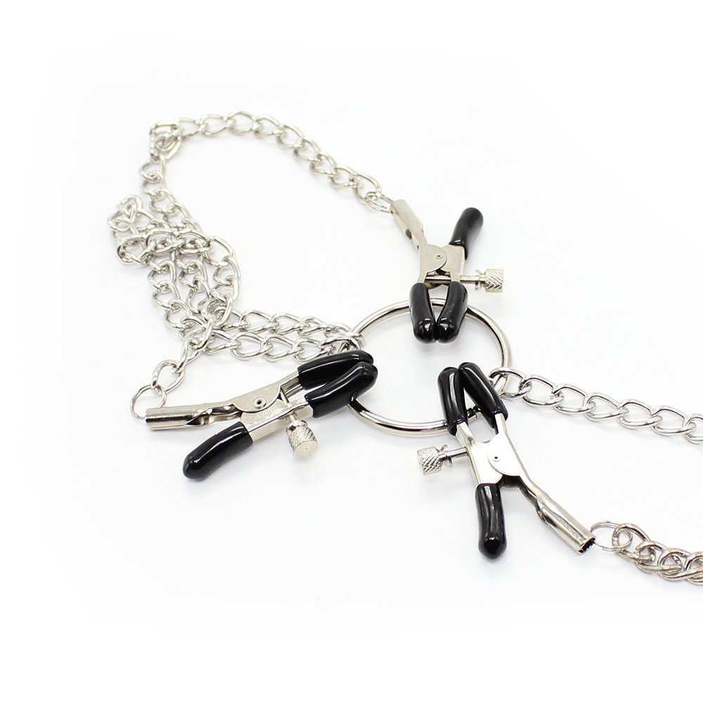 TurvdArorde Adjustable Nipple Clips with Chains 3 Head Nipple Clamps Non-Piercing Metal Body Chain (Silver (o-Ring))