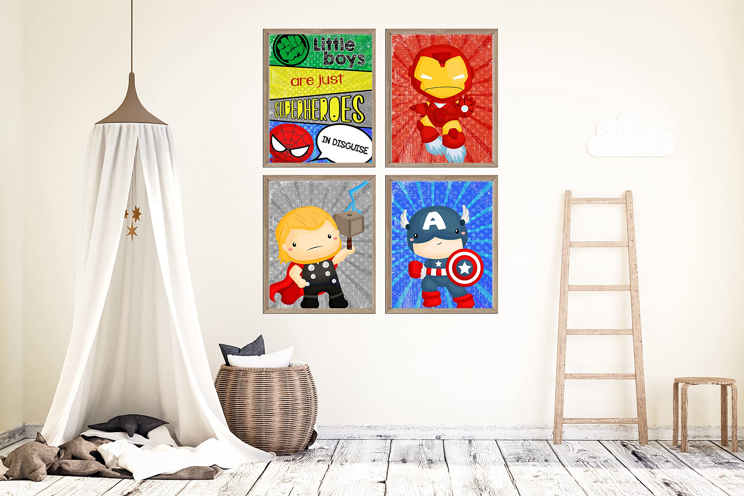 Little Boys Are Just Superheros In Disguise - Room Wall Art Prints Decor (Set of Four) Decoration Wall Hanging Picture Sign