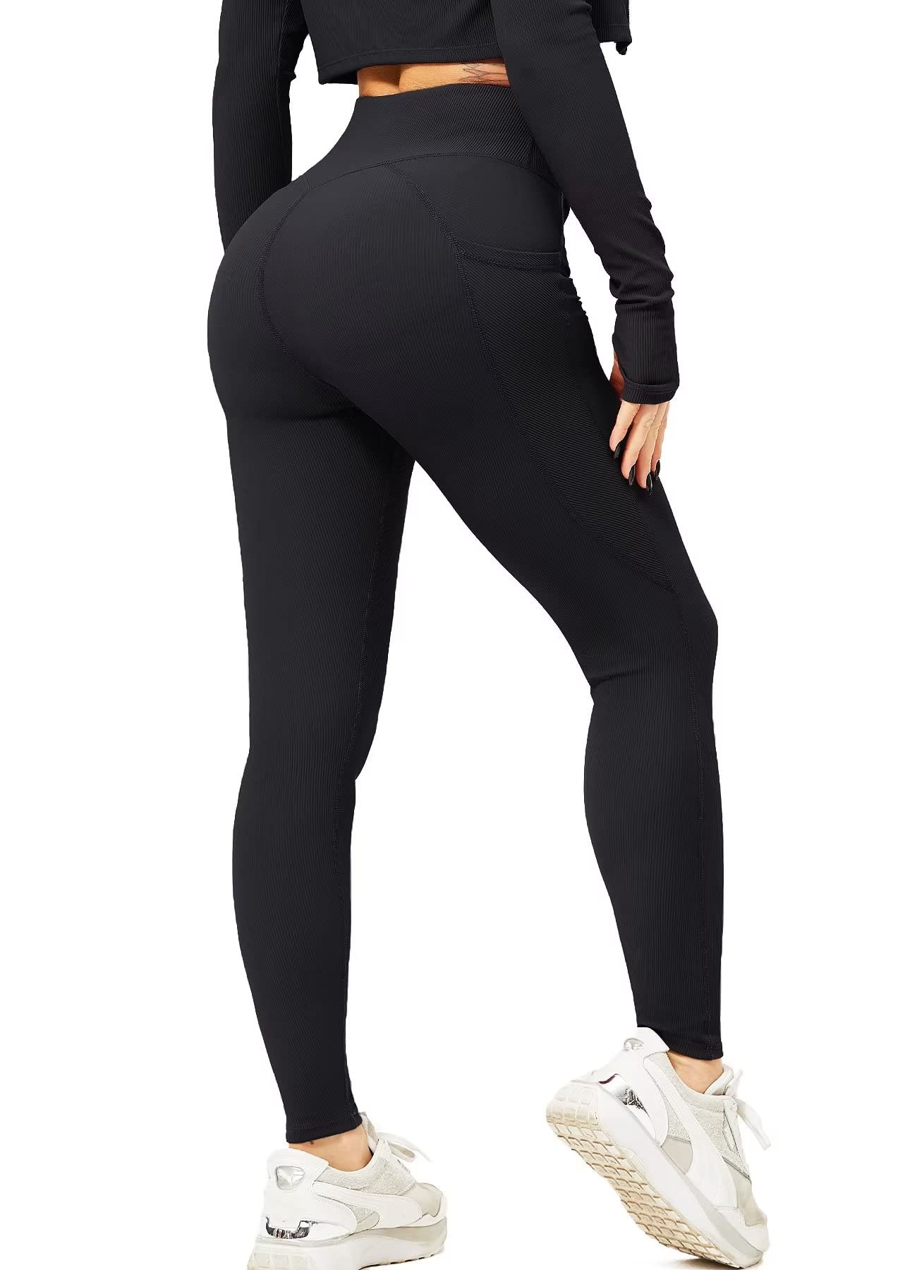 TZLDN Leggings for Women Tummy Control Crossover High Waisted Ribbed Gym Workout Yoga Pants with Side Pockets Black - X-Large