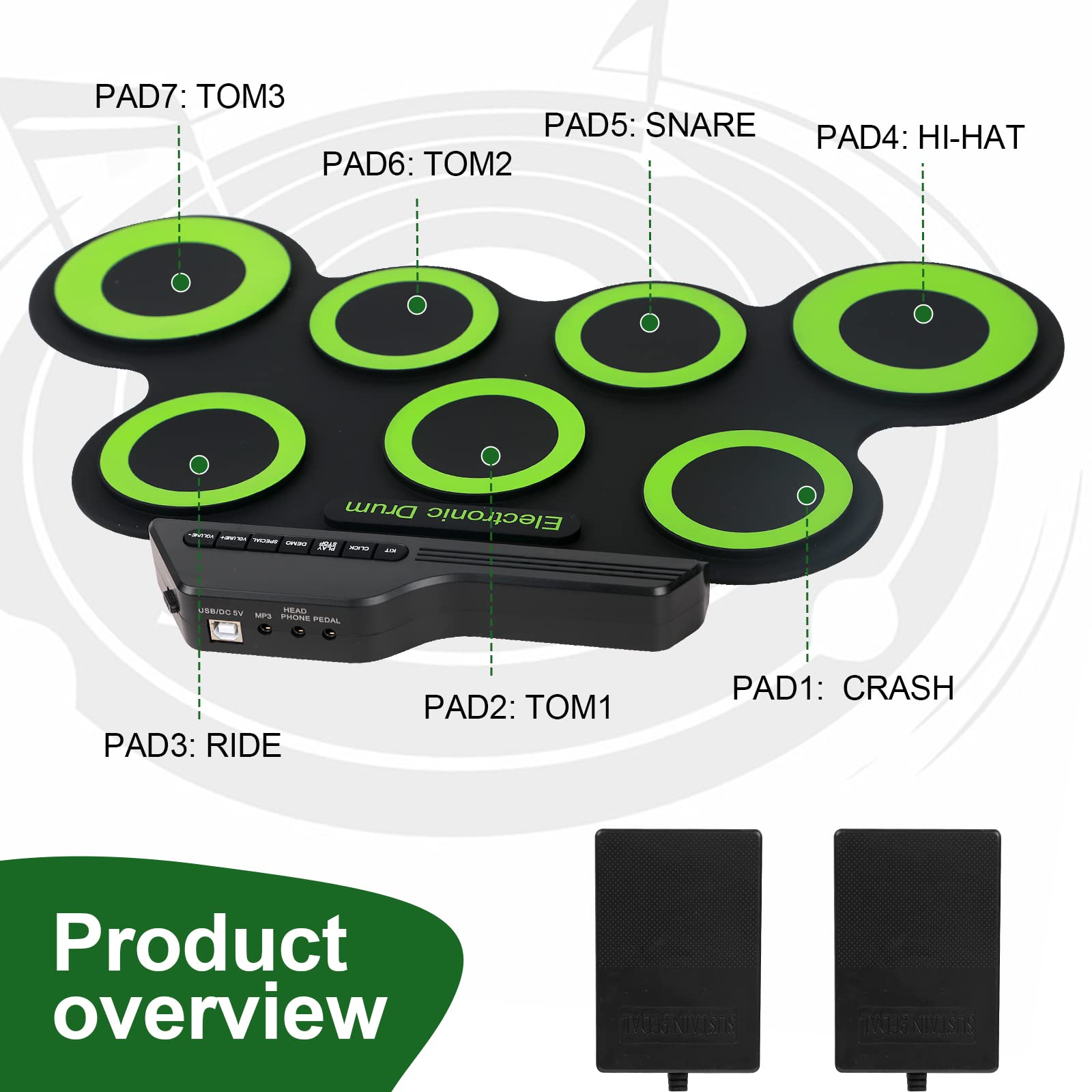 Topoworl Electronic Drum Set Practice Drum Pad Portable Electronic Drum Pads Portable Silicone Beginners Electric Drum Set Percussion Instrument Black