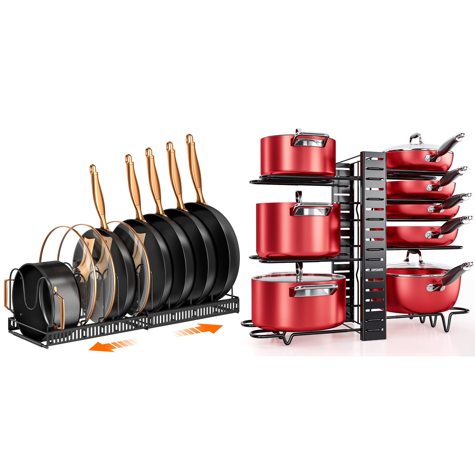 MUDEELA 8-Tier Pots and Pans Organizer for Cabinet and Expandable Pan Organizer Rack Bundle