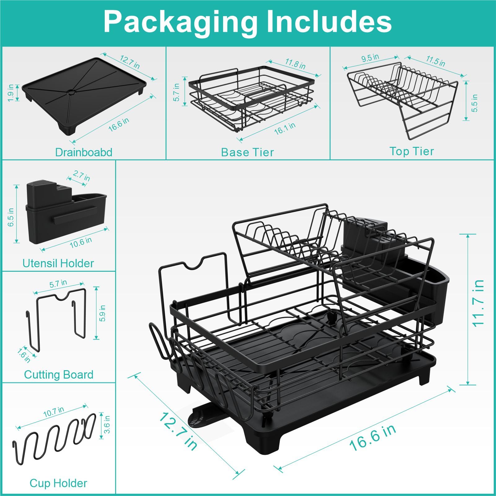 ouosawa Dish Drying Rack with Drainboard, Stainless Steel 2 Tier Large Dish Racks for Kitchen Counter, Detachable Dish Strainer Rack with Cup Holder, Utensil Holder & Cutting-Board Holder, Black