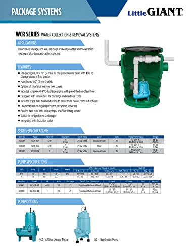 Little Giant WCR-9SS 115 Volt, 4/10 HP, 4800 GPH Sewage/Effluent/Wastewater Collection and Removal System, Steel Cover, Green/Blue, 509082
