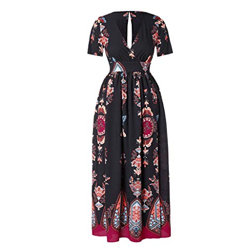 Pinkpaopao Plus Size Short Sleeve Dress for Women Butterfly Pattern Long Dress Deep V Neck Pleated Split Maxi Dress