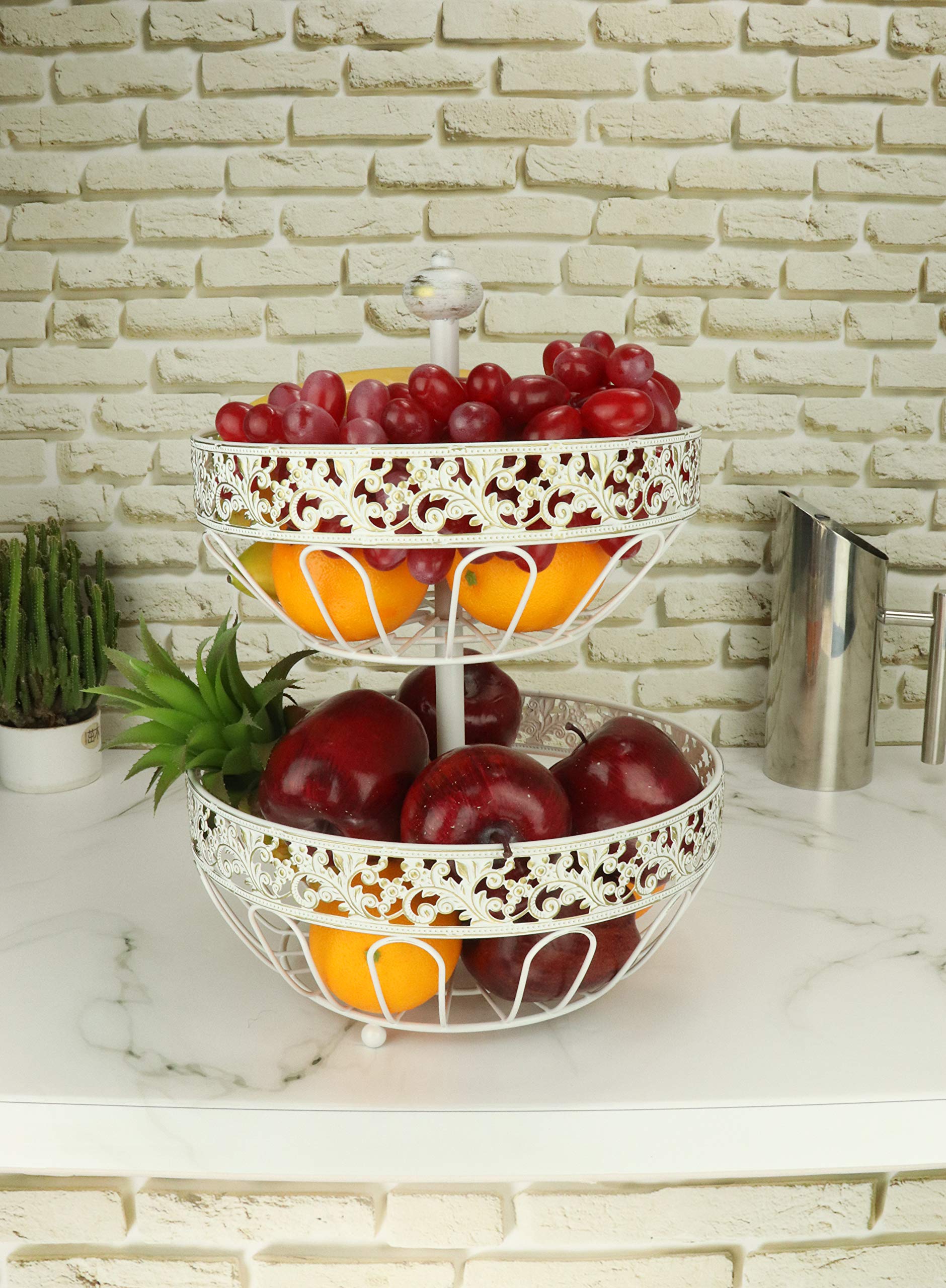 ROSYLINE 2 tier fruit basket, fruit bowl, multi-purpose kitchen and living room storage fruit and vegetable basket (White Brushed Bronze)