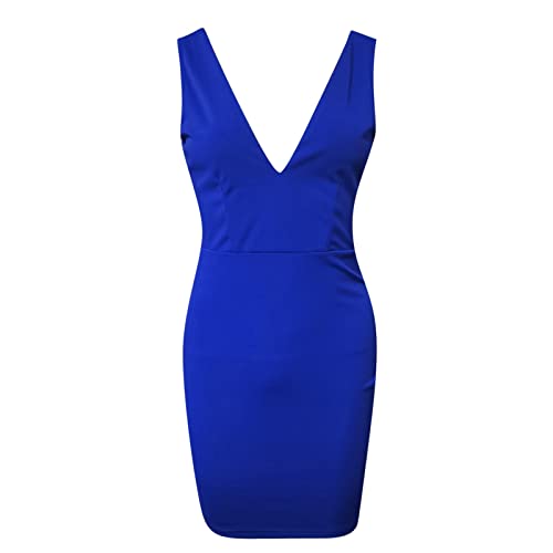 Solid Color Bodycon Dress for Women Sleeveless Plunging V Neck Party Dress Back Zipper Split Midi Dress