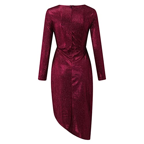 Pinkpaopao Sequins Party Dress for Women Deep V Neck Long Sleeve Solid Color Wrap Slip Long Dress