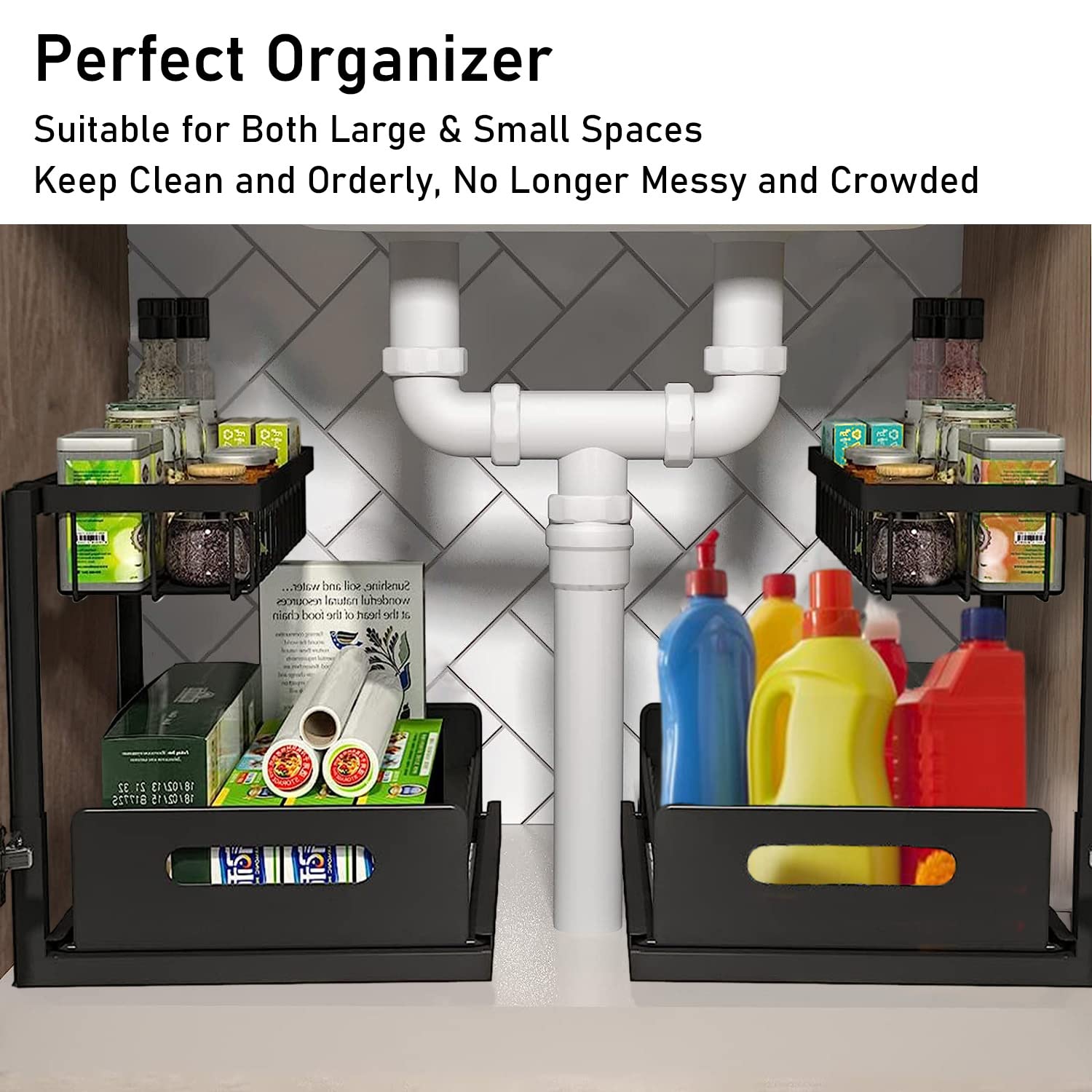 Meegoo Under Sink Organizer, 2 Tier Pull Out Cabinet Organizer, Heavy Duty Metal Shelf Cabinet Storage Shelves for Kitchen Bathroom Organization Multi-Use (Black)