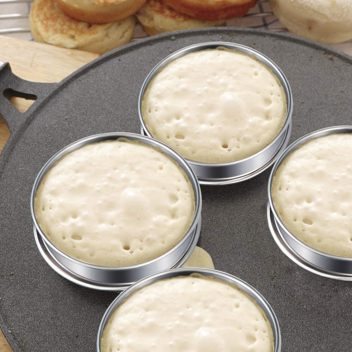 Veumoie 6 Pack 4 Inch Double Rolled English Muffin Rings, Steel Crumpet Rings, Tart Rings, Round