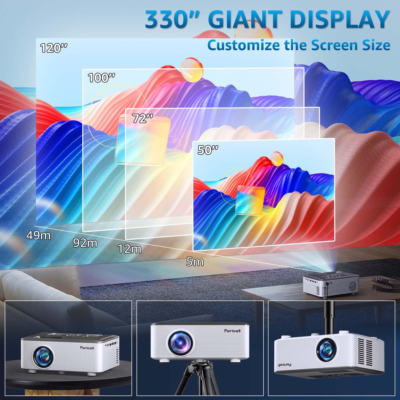 Projector with WiFi and Bluetooth, 11000L / 1080P Support Outdoor Projector with Screen, Pericat Video Projector, 330'' Display Phone Projector for iPhone,TV Stick, Mac (100'' Farbric Screen Included)