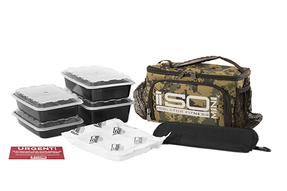 Small Meal Prep Lunch Bag ISOMINI 2 Meal Insulated Lunch Bag Cooler with 4 Stackable/Reusable Meal Prep Containers, 1 Ice Pack ISOBRICK, and 1 Shoulder Strap - Made in USA (Marine Woodland)