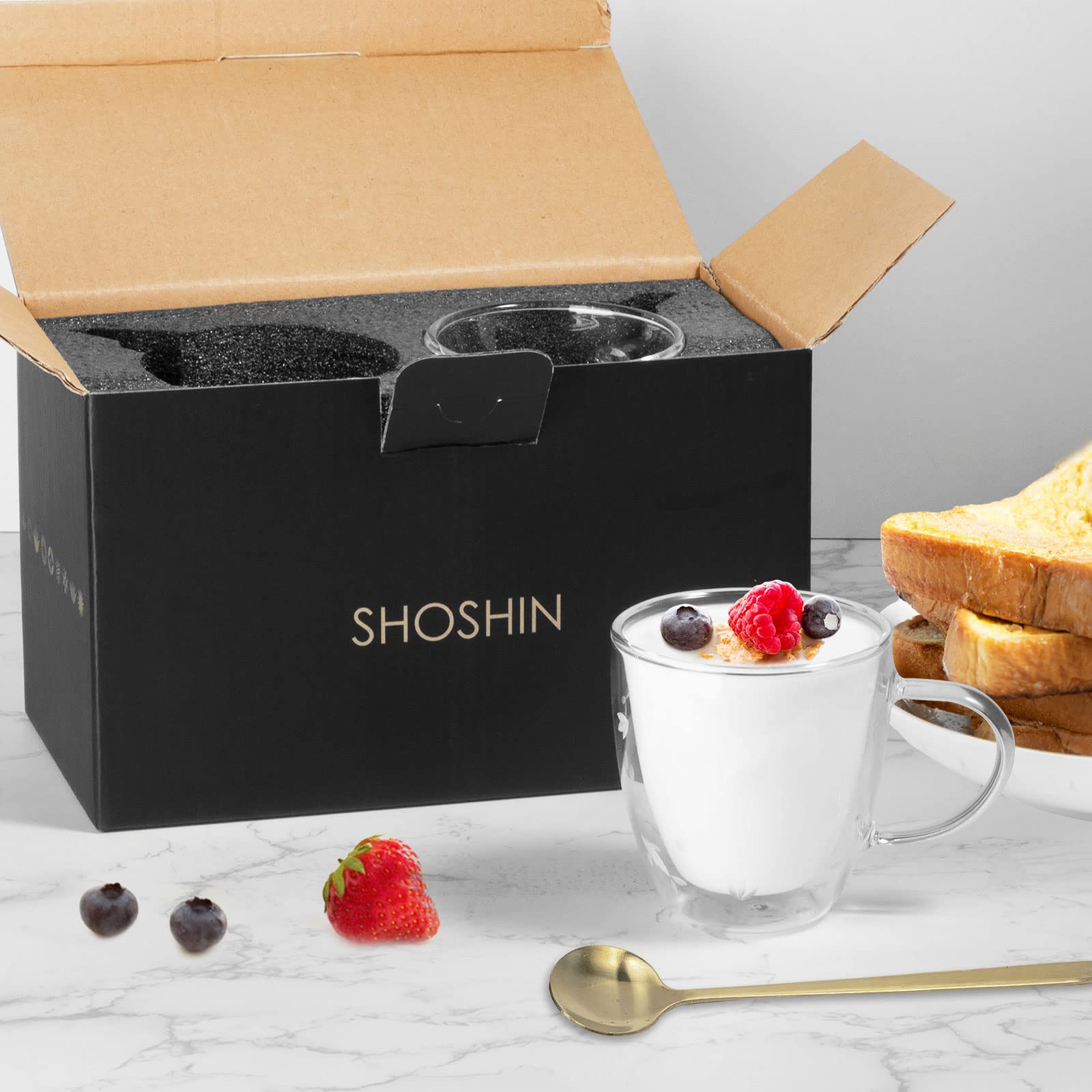 SHOSHIN Hand Cut Espresso Cups - Double Wall Glass Coffee Mugs with Handle(Set of 2, 5.5 Ounces Coffee Mug, Insulated Layer Glass Coffee Cups, Coffee Mug for Cappuccino(Swimming fish)