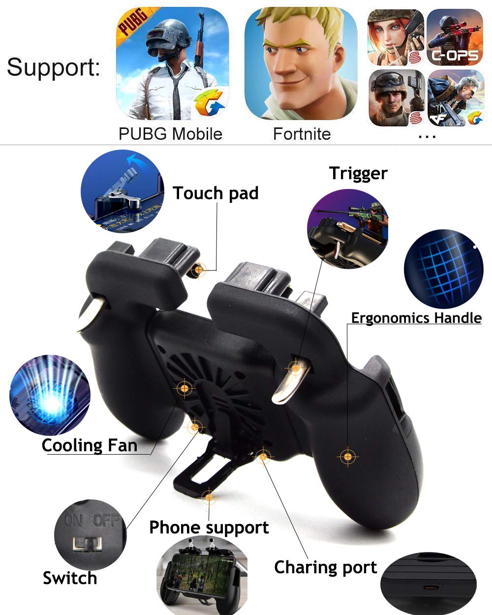 Mobile Game Controller with Cooling Fan for Fortnite PUBG,Smartphone Game L1R1 Triggers Controller Joystick Gamepad w/Aim and Fire Buttons for 4.7-6.5" Android iOS iPhone